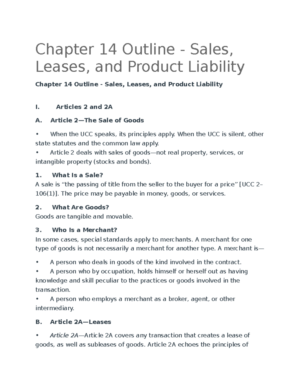 Chapter 14 Outline - Sales, Leases, and Product Liability - Articles 2 ...