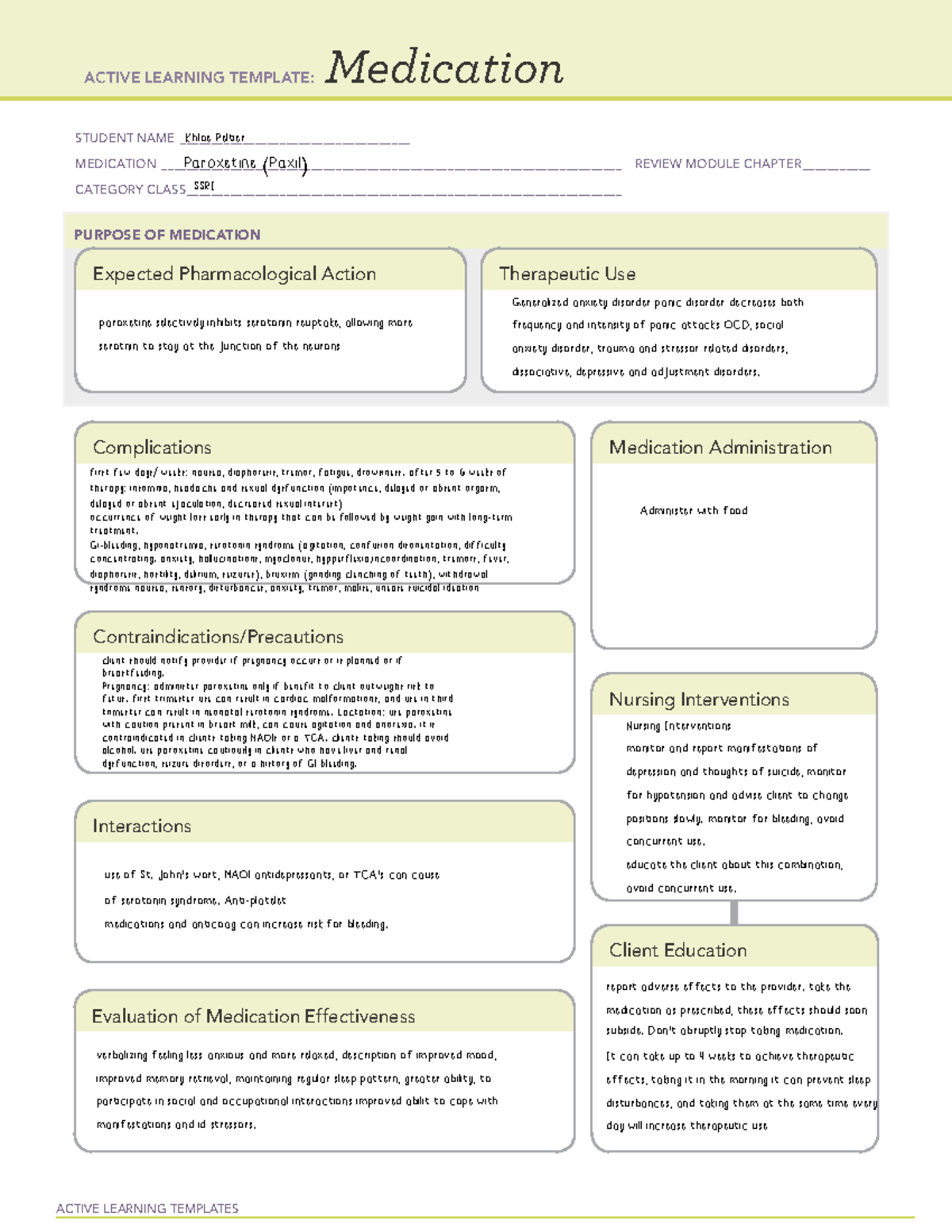 Paroxetine - Medication Card - ACTIVE LEARNING TEMPLATES Medication ...