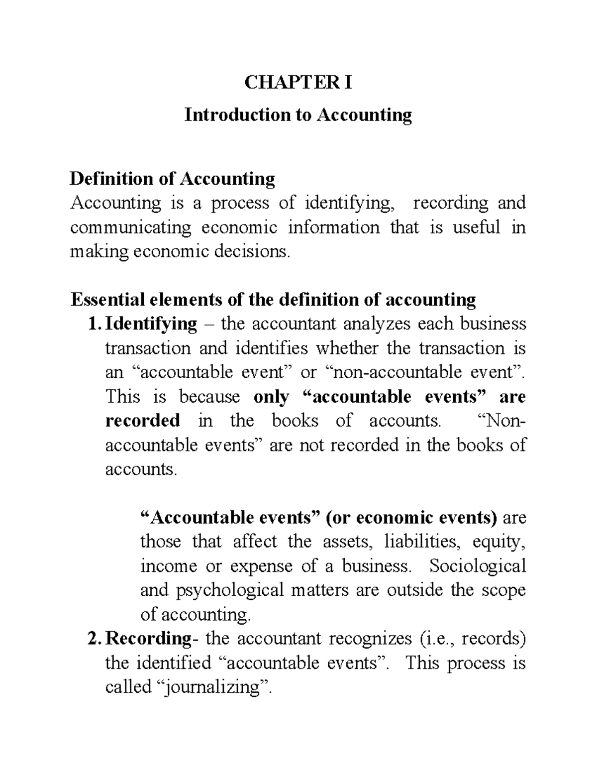 Chapter I- Introduction to Accounting - CHAPTER I Introduction to ...