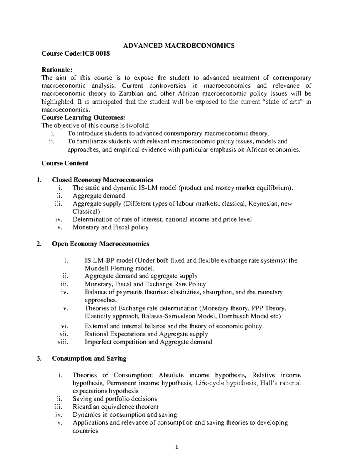 Advanced Macro ICU Course Outline - 1 ADVANCED MACROECONOMICS Course ...