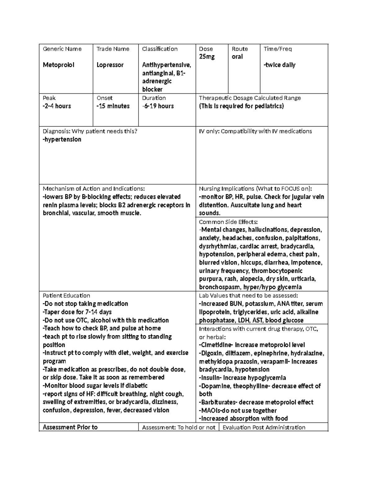 OB medication list1 - OB meds to know - Generic Name Metoprolol Trade ...