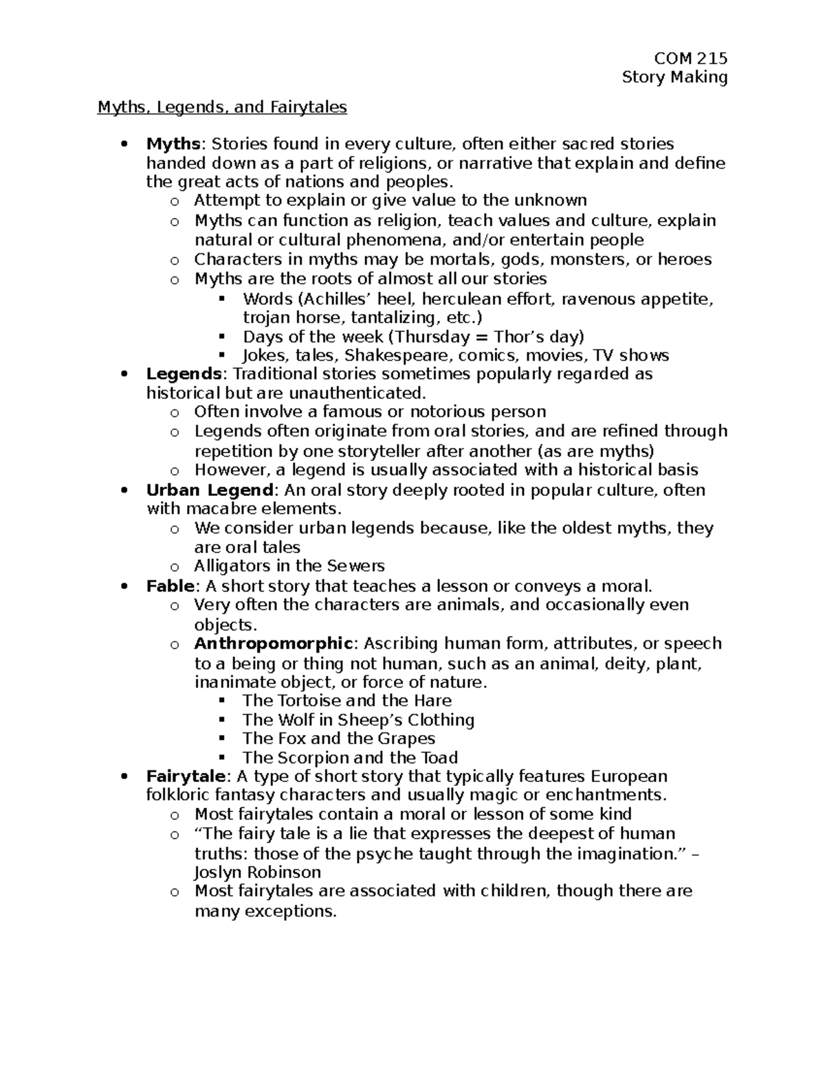 Myths Legends Fairytales - COM 215 Story Making Myths, Legends, and ...