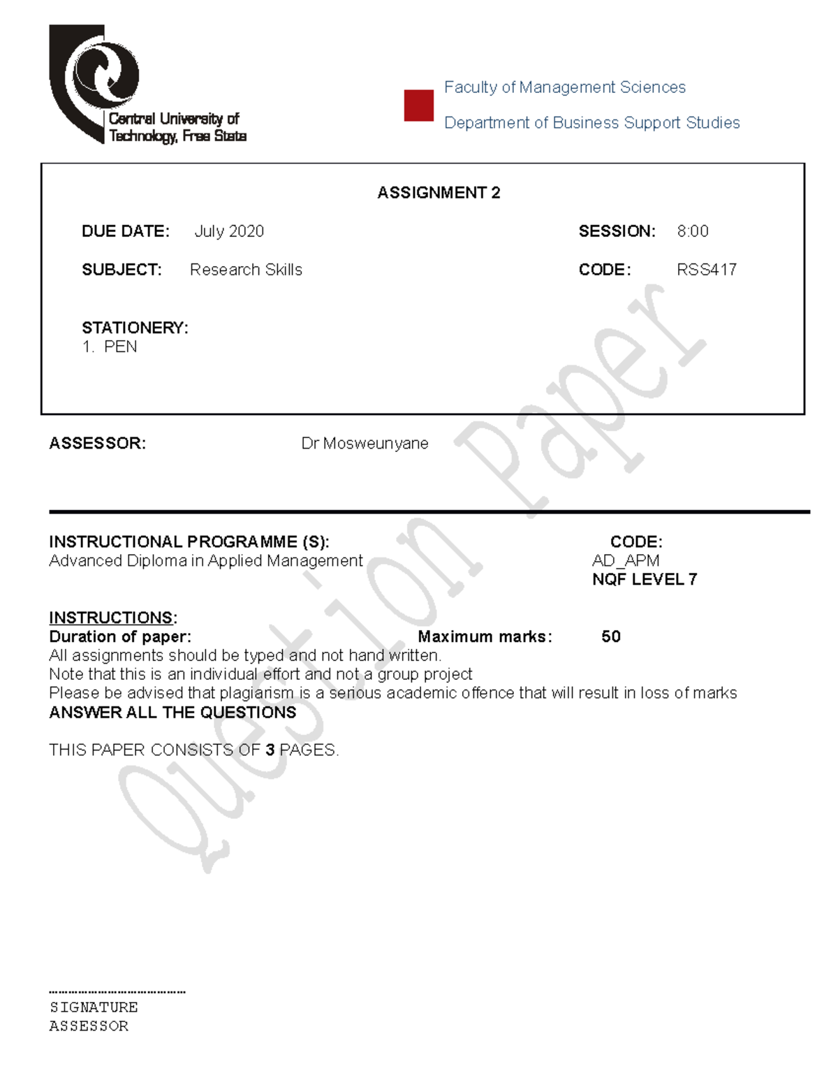 RSS417 Assignment 2 2020 - ASSIGNMENT 2 DUE DATE: July 2020 SESSION: 8: SUBJECT: Research Skills ...