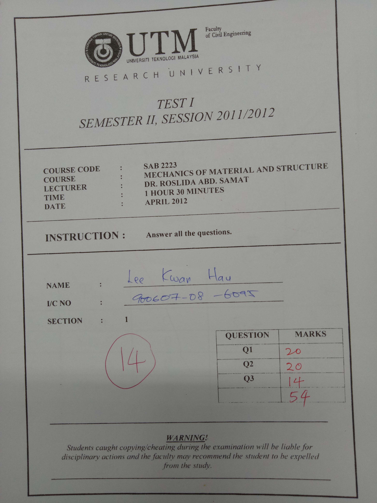 MOMS-Test 1-1112-02-ANS - Mechanics of Materials and Structures - Studocu