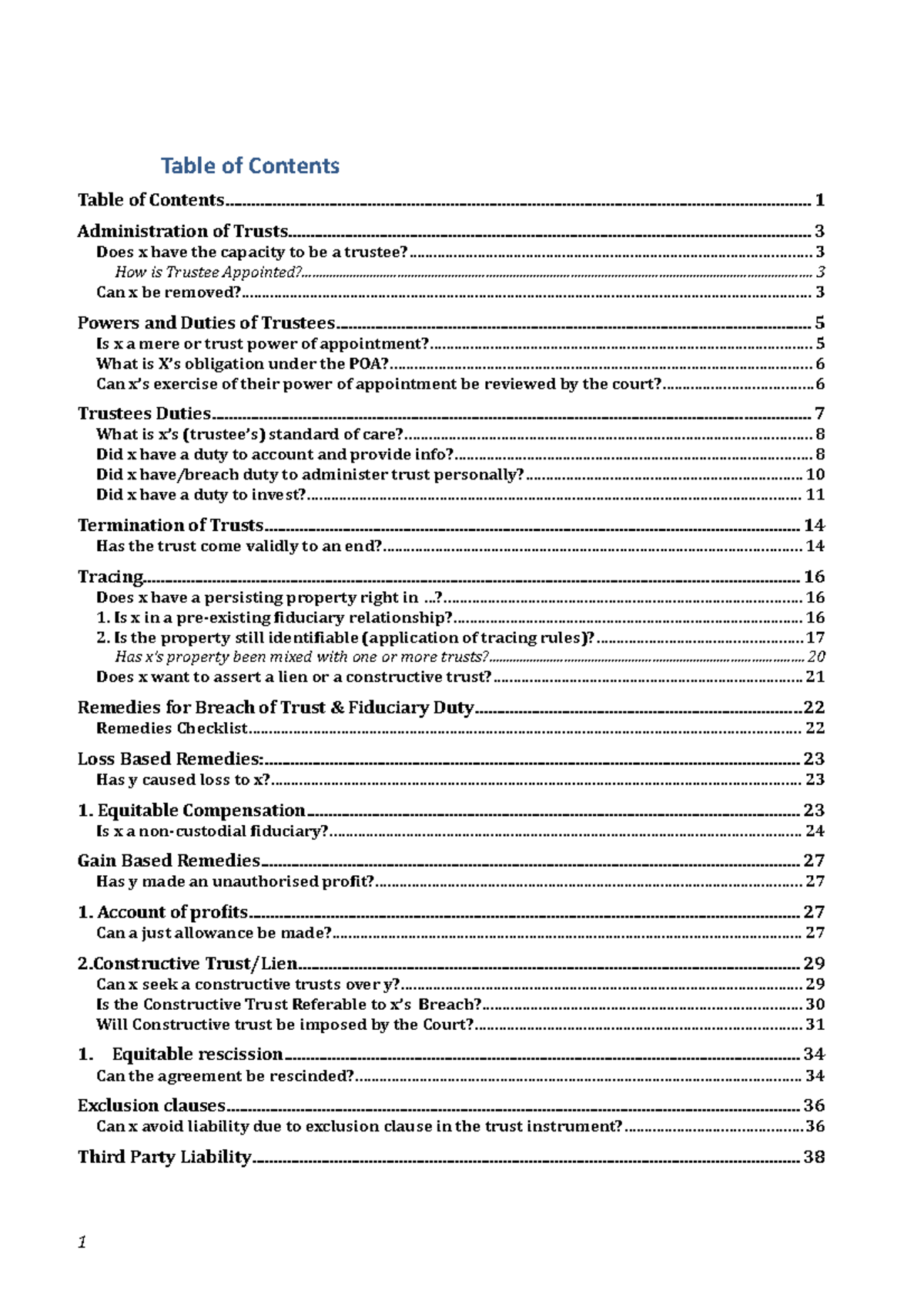 Equity-summary-1 - Summary Equity and Trusts - Table of Contents Table ...