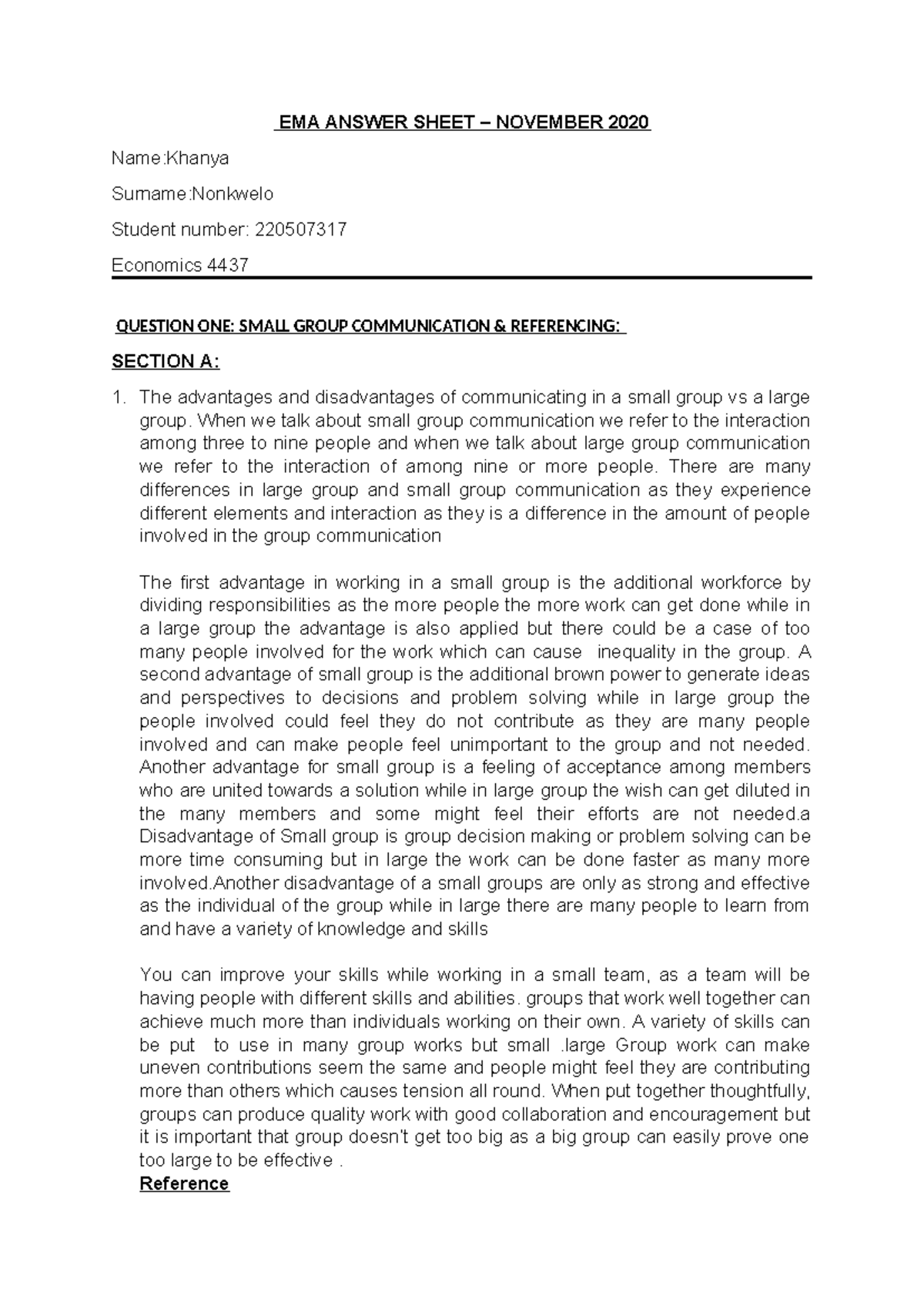 LKH ENA - Notes form study - EMA ANSWER SHEET – NOVEMBER 2020 Name ...