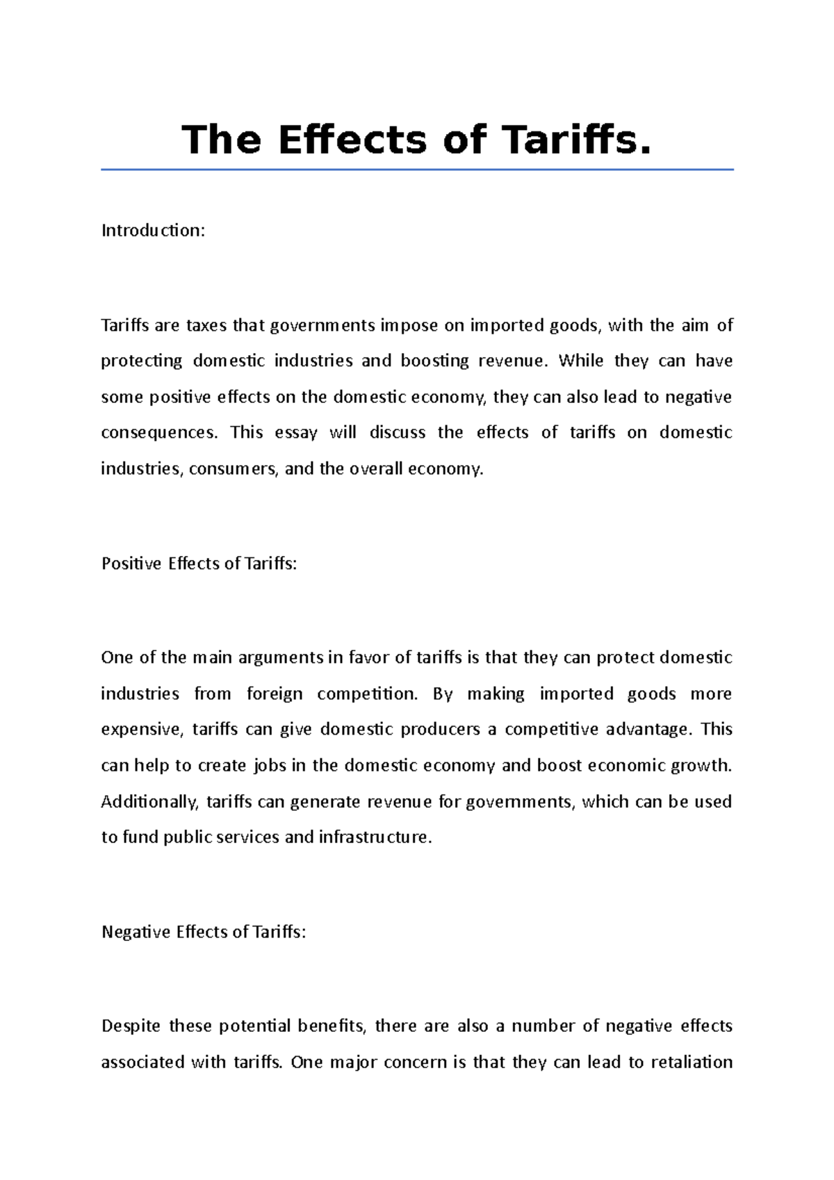 Note on The Effects of Tariffs - The Effects of Tariffs. Introduction ...