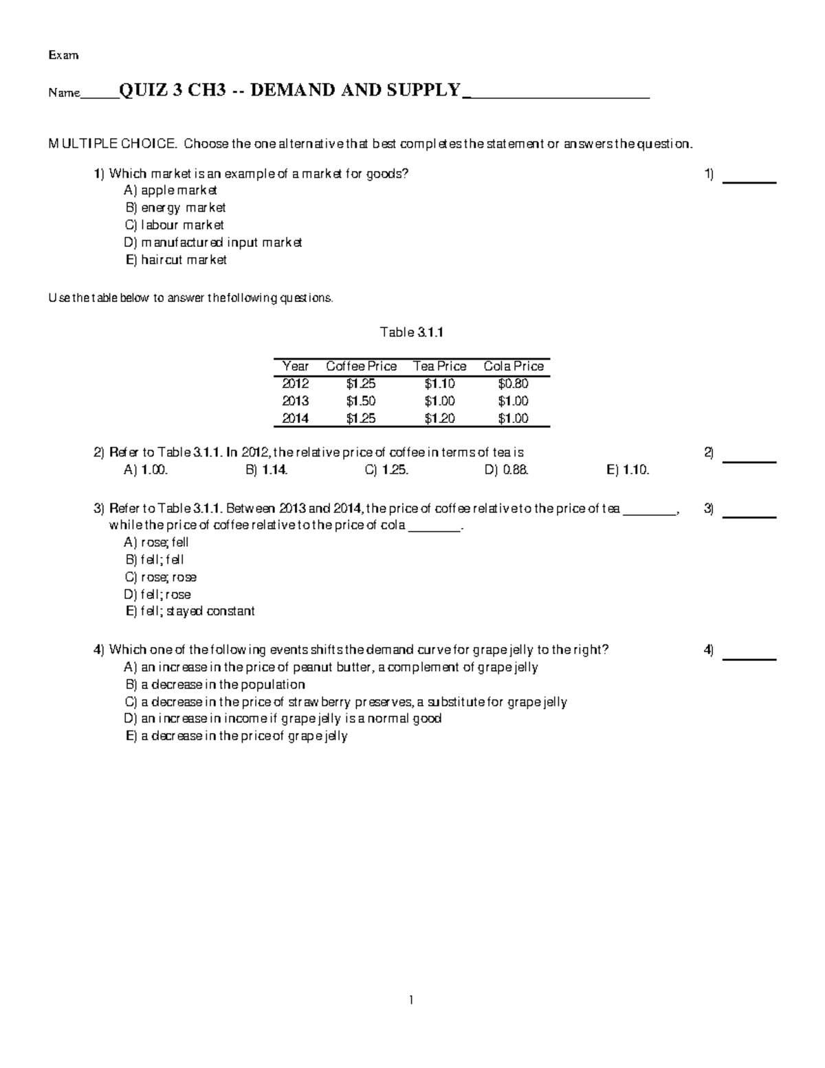 QUIZ 3 Ch3 - Demand AND Supply - Exam Name______QUIZ 3 CH3 - DEMAND AND ...