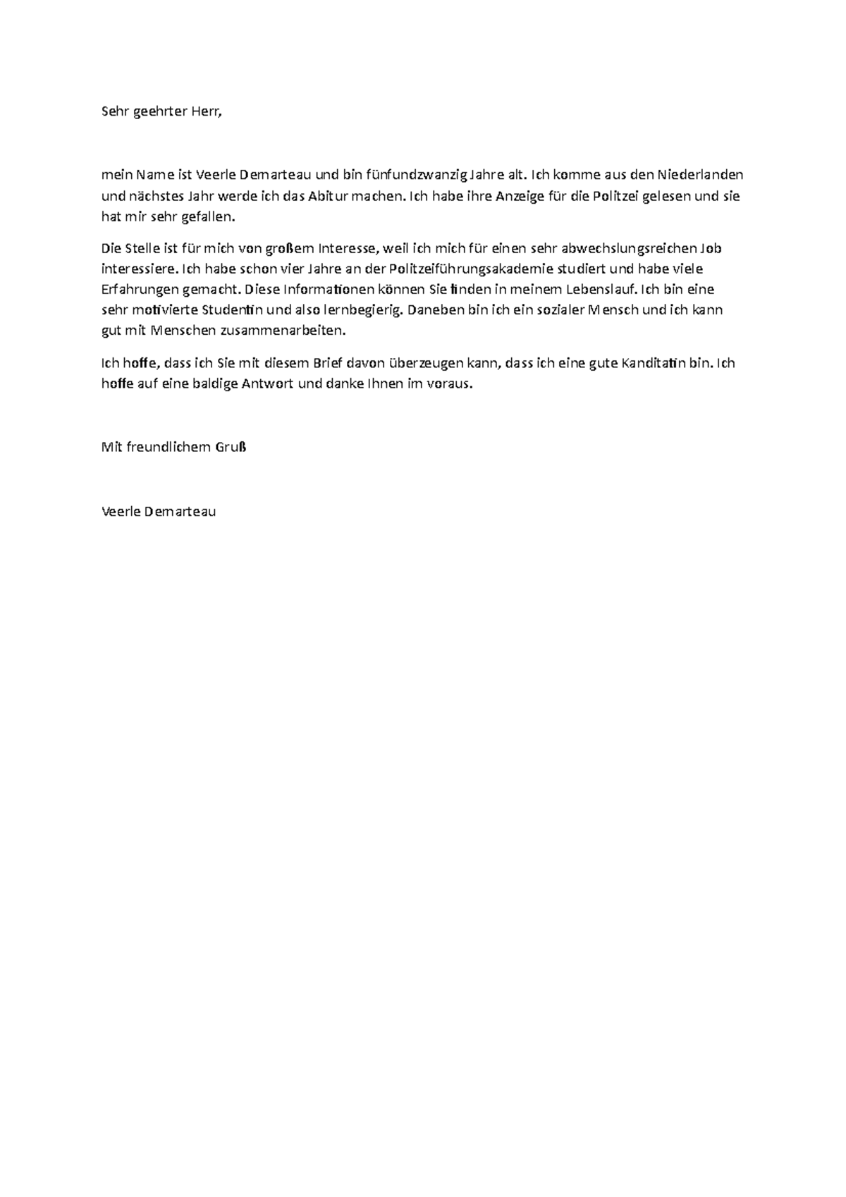 Duits brief 2 - Sehr geehrter Herr, mein Name ist Veerle Demarteau und ...
