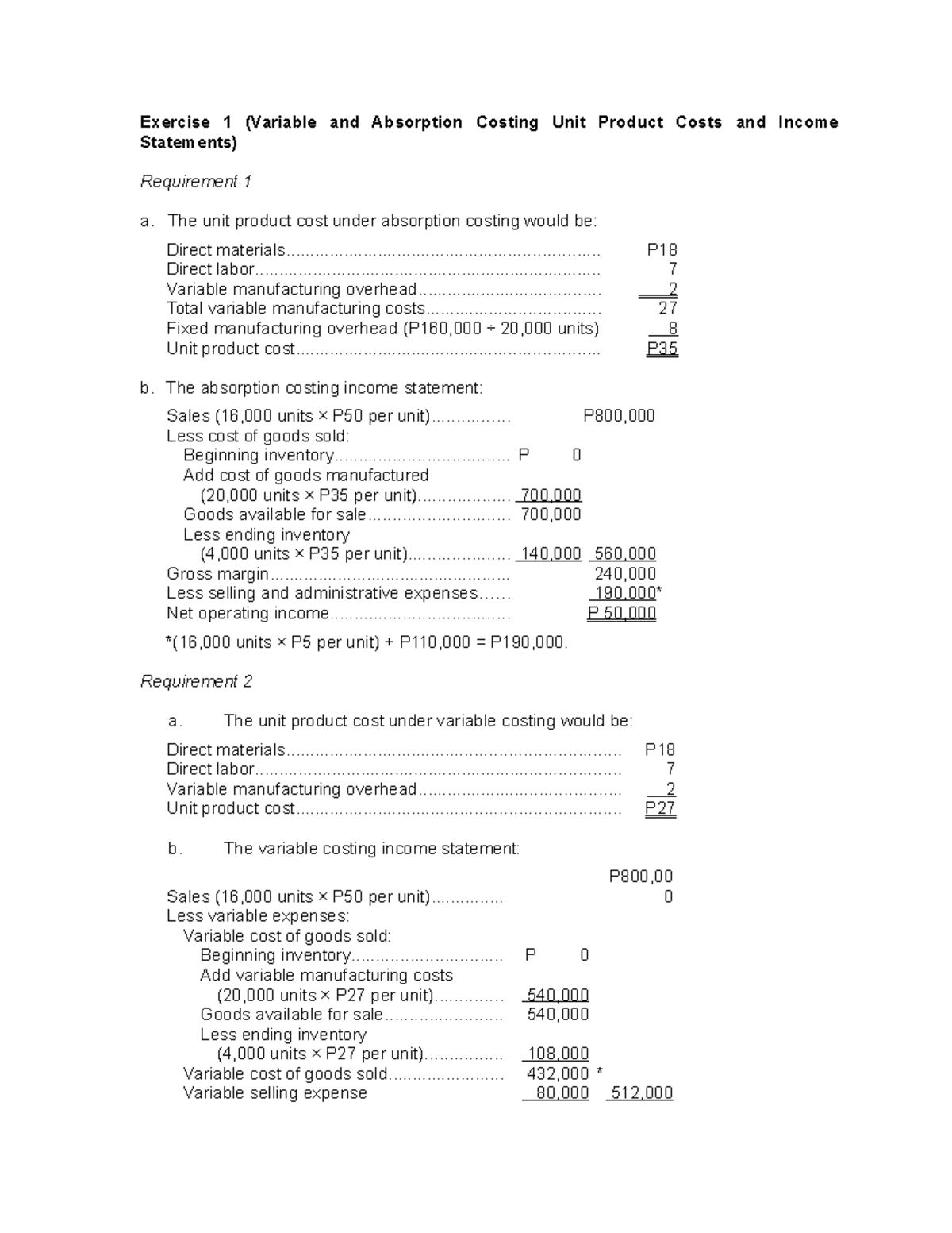 Strategic Cost Management - Exercise 1 (Variable and Absorption Costing ...
