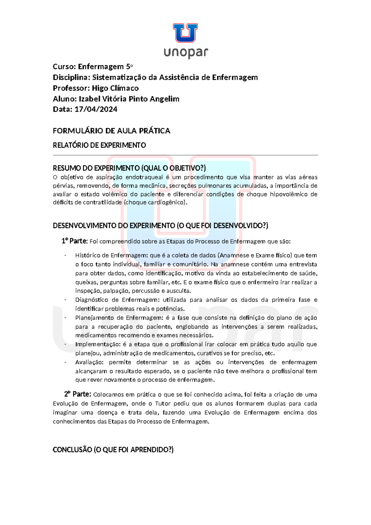 Formulário de Aula Pratica - Izabel Vitoria - Curso: Enfermagem 5 ...