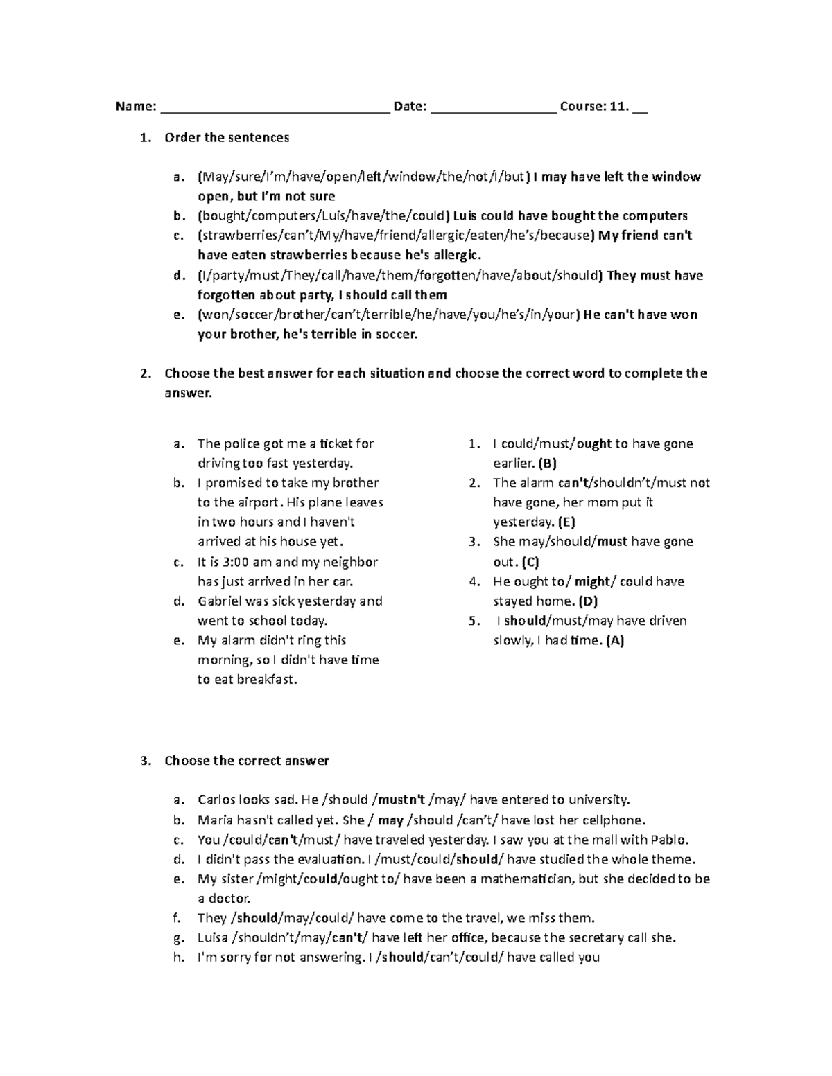 Modal verbs with answers - Name: _______________________________ Date ...