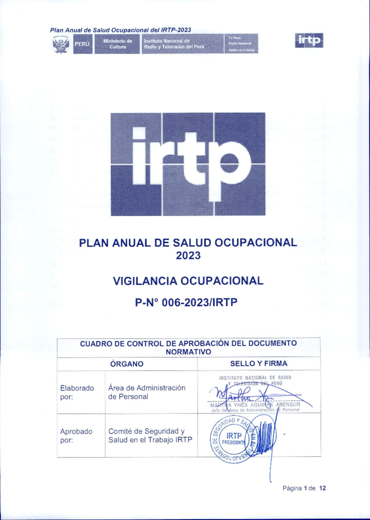 P006-2023-irtp - plan y programa de salud ocupacional en el irtp 2023 ...