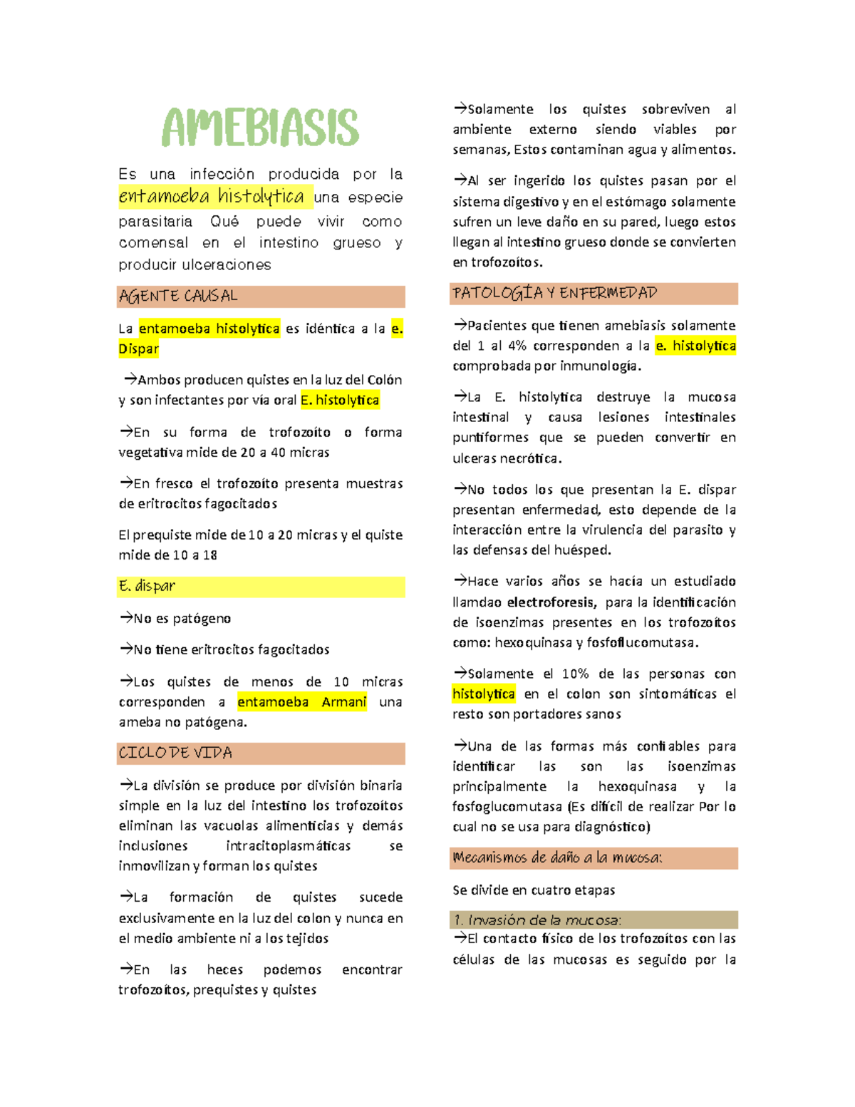 Resumen DE Amebiasis Completo - AMEBIASIS Es una infección producida ...