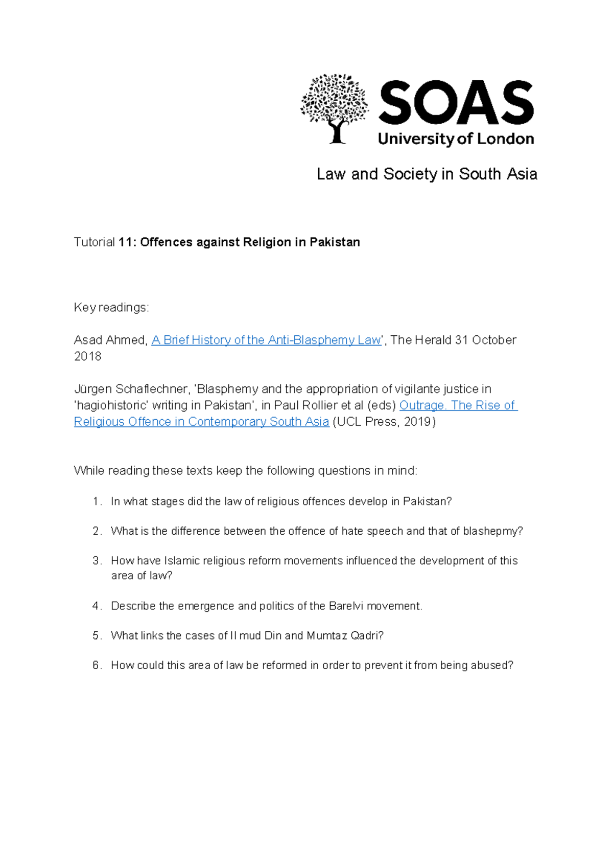 LSSA Week 11 Tutorial - Offences against religion in Pakistan - Law and ...