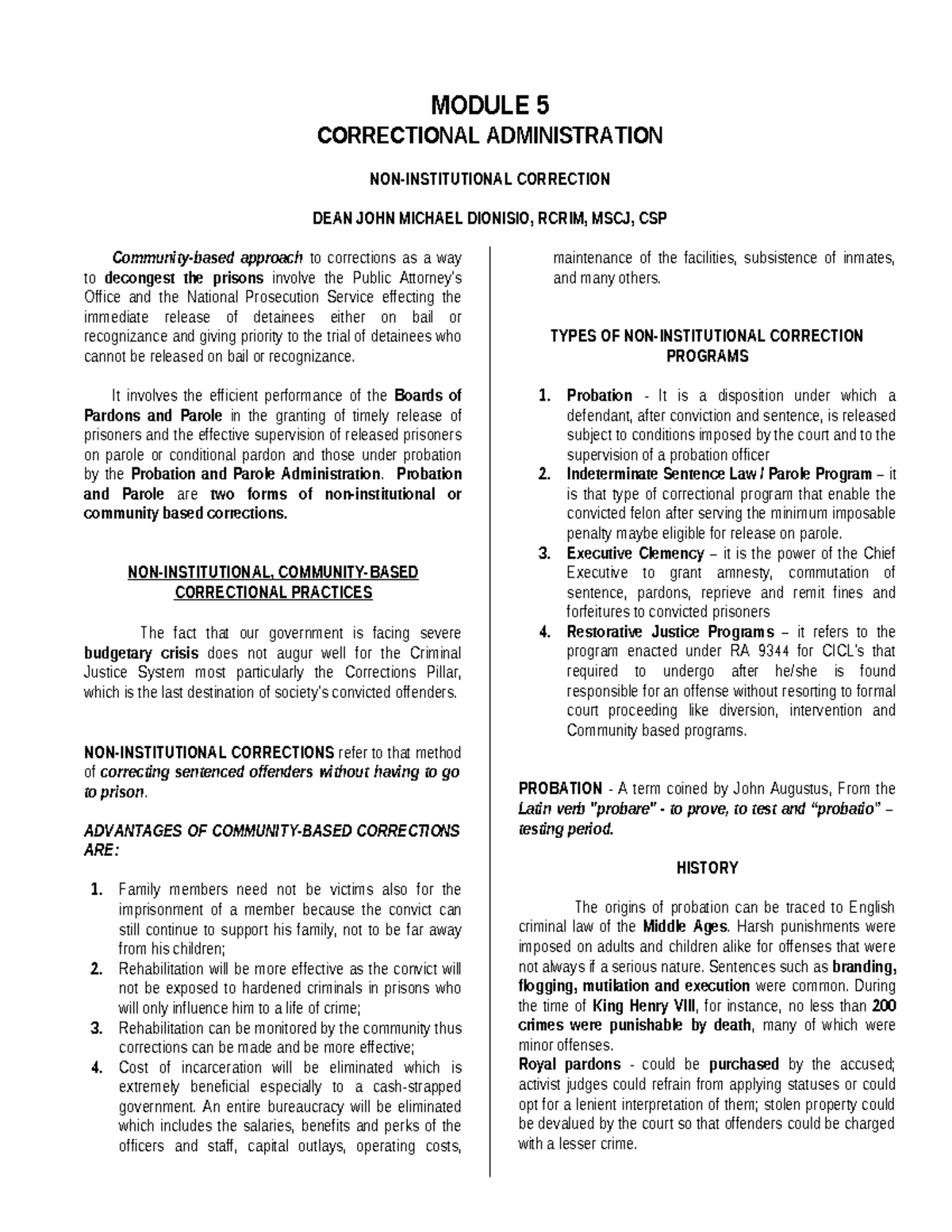 COR-AD-2 - MODULE 5 CORRECTIONAL ADMINISTRATION NON-INSTITUTIONAL ...