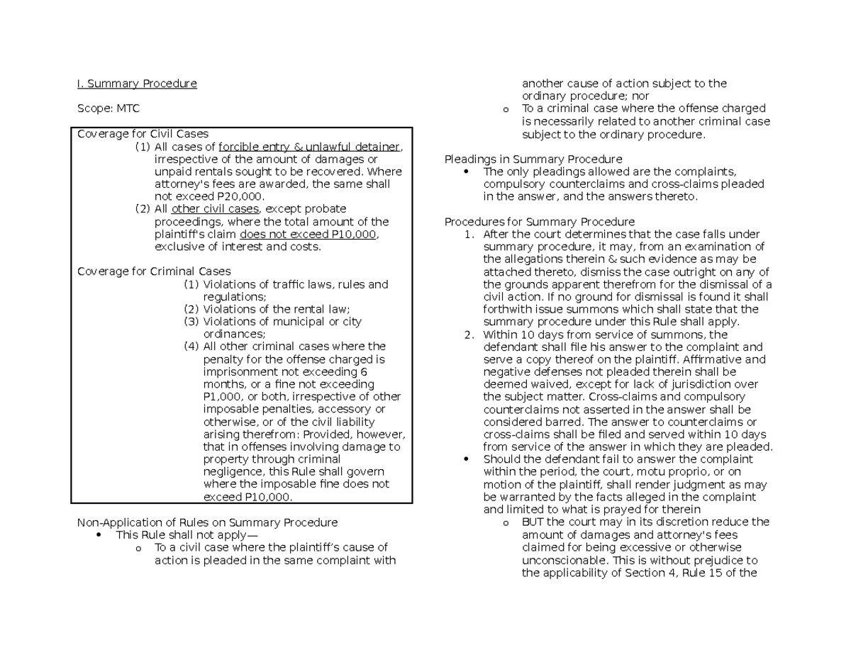 Summary Proceedings and Small Claims - I. Summary Procedure Scope: MTC ...
