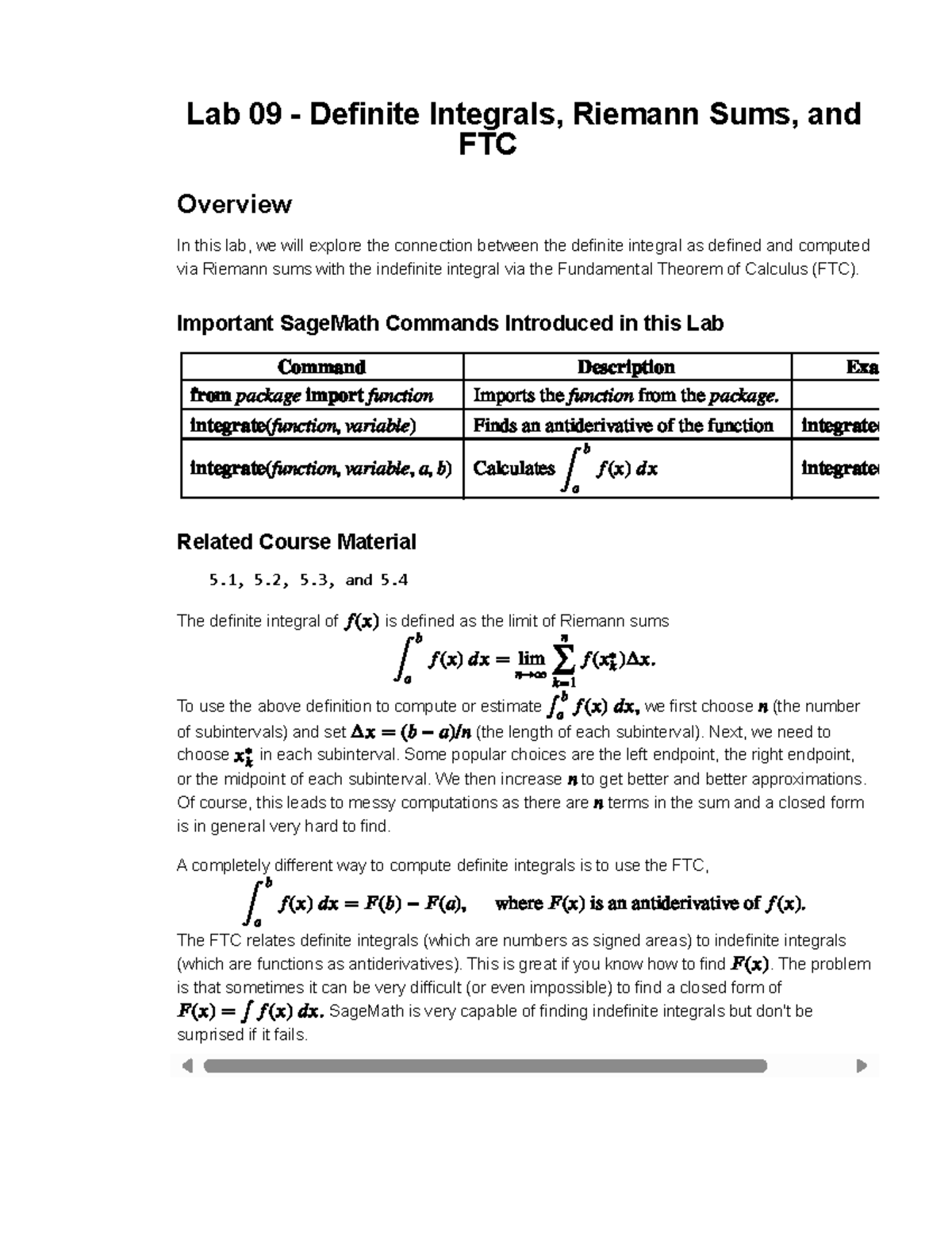 Lab 09 - Definite Integrals, Riemann Sums, and FTC - Jupyter Notebook ...