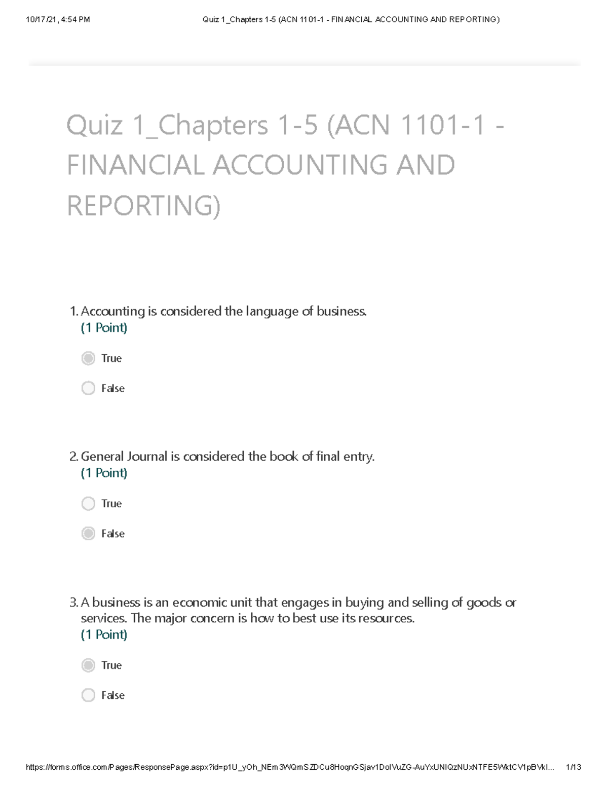 Quiz 1 Chapters 1-5 (ACN 1101-1 - Financial Accounting AND Reporting ...