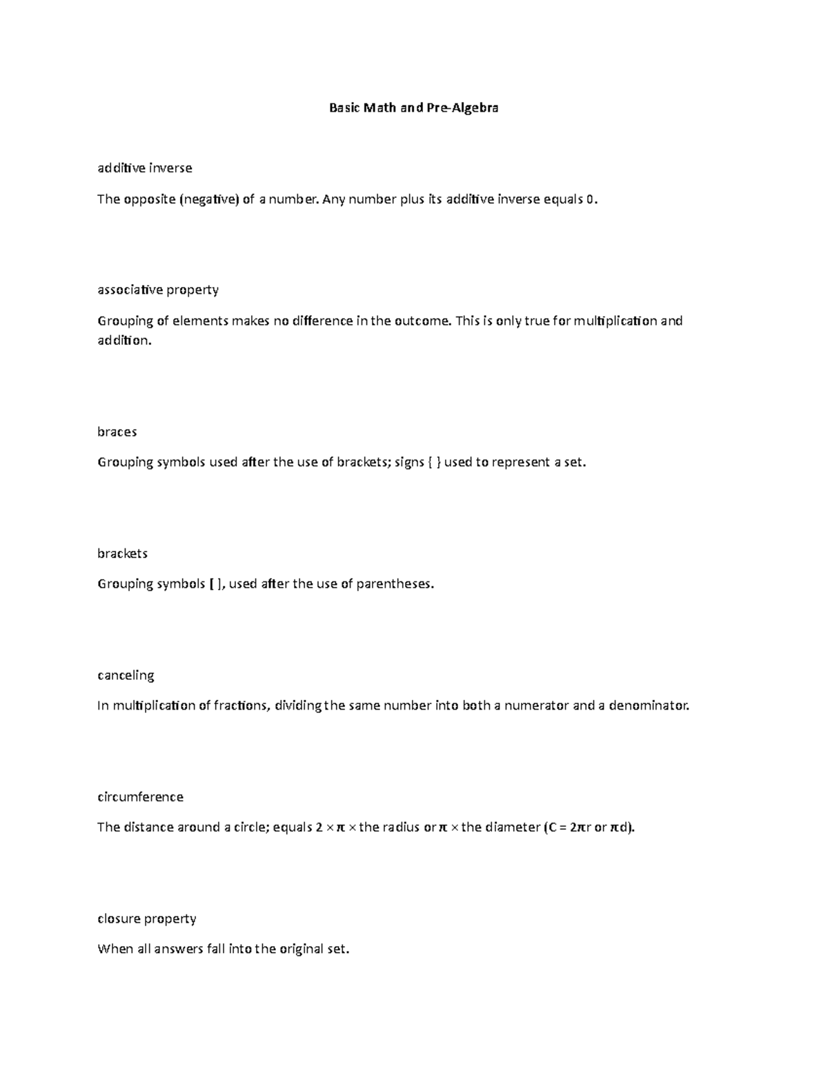 Basic Math and Pre Algebra - Basic Math and Pre-Algebra additive ...