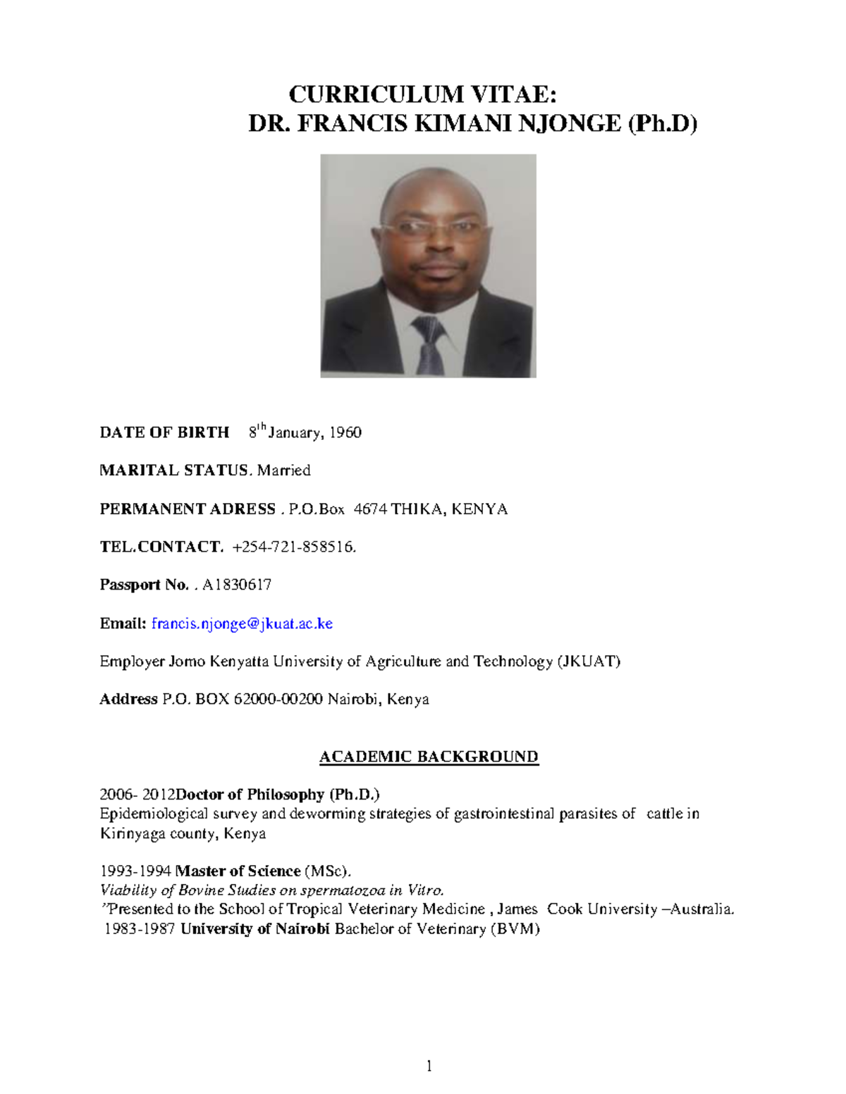DR Njonge CV september 2020 1 - CURRICULUM VITAE: DR. FRANCIS KIMANI ...