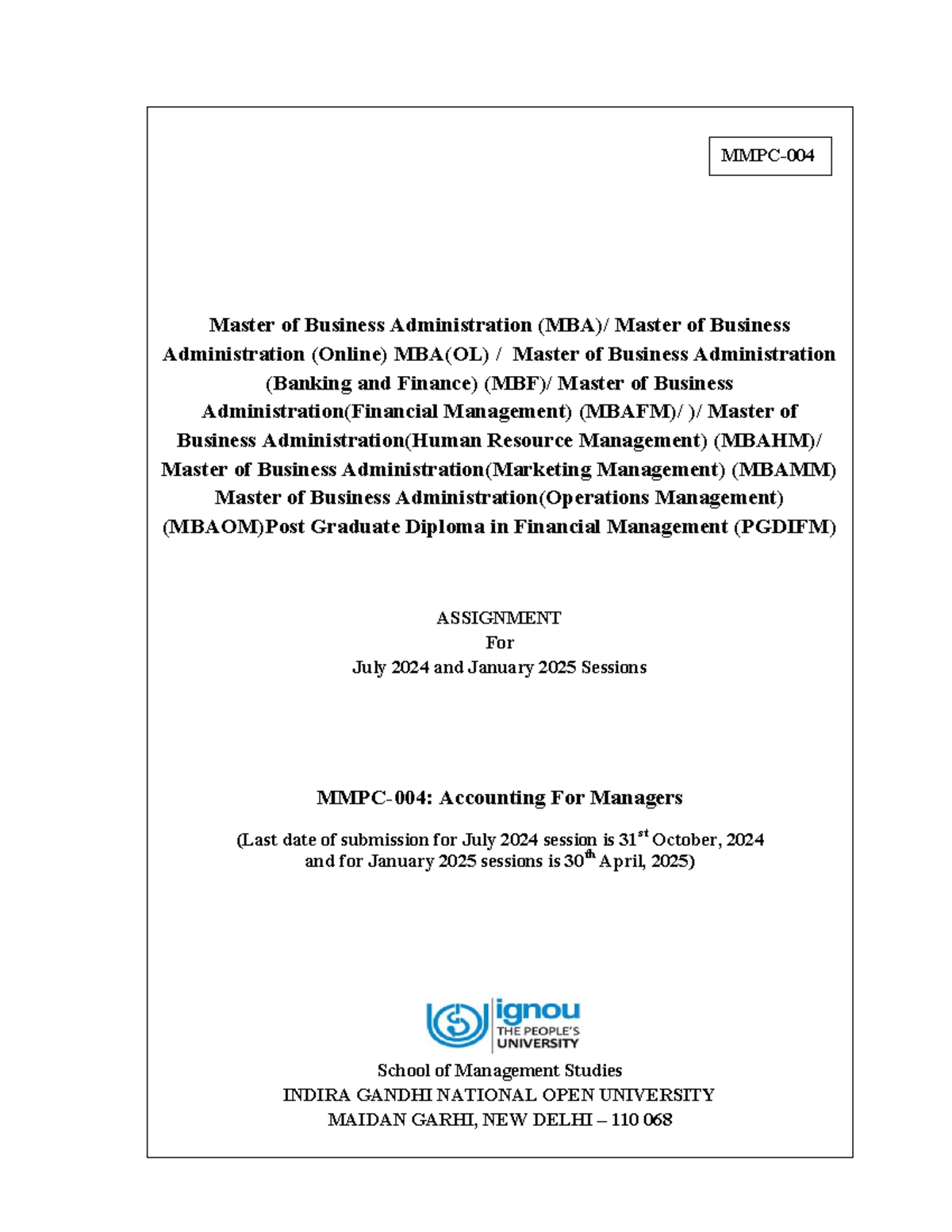 MMPC-004 - .... - MS- Master of Business Administration (MBA)/ Master ...