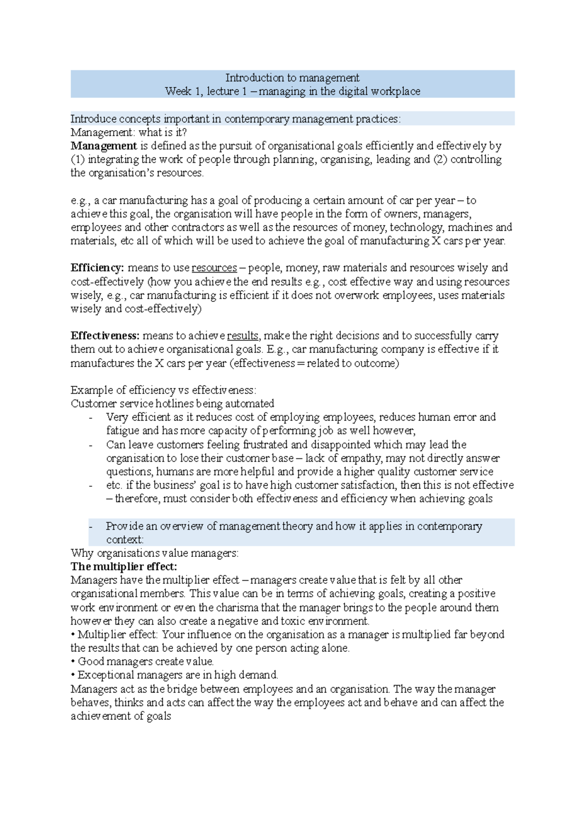 Introduction to management, managing the digital work place (week 1 ...