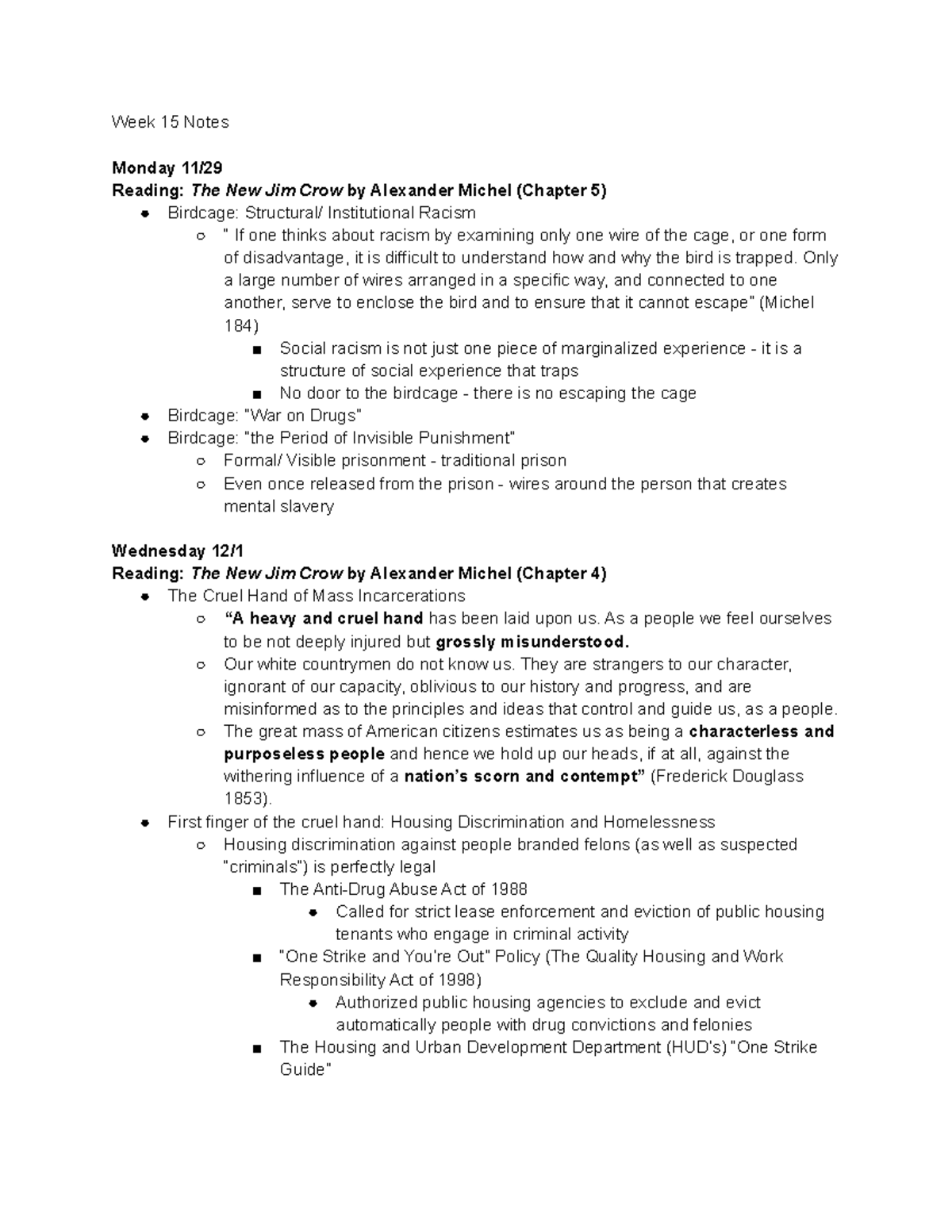Class Notes Week 15 - Week 15 Notes Monday 11/ Reading: The New Jim ...