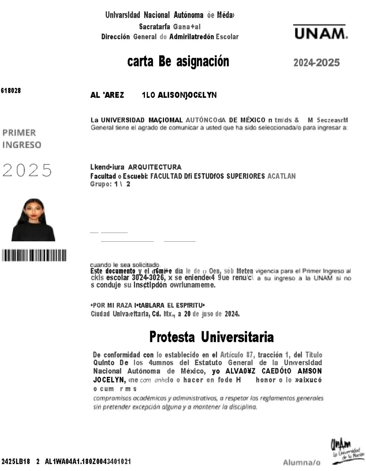 Carta DE AsignacióN - 2425LB18 2 AL1WA04A1 3401021 618028 Unlvarsldad ...