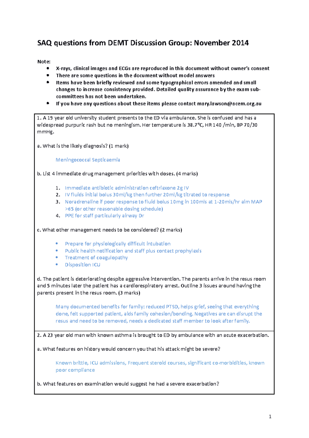 Acem saq example items demt discussion group - SAQ questions from DEMT ...