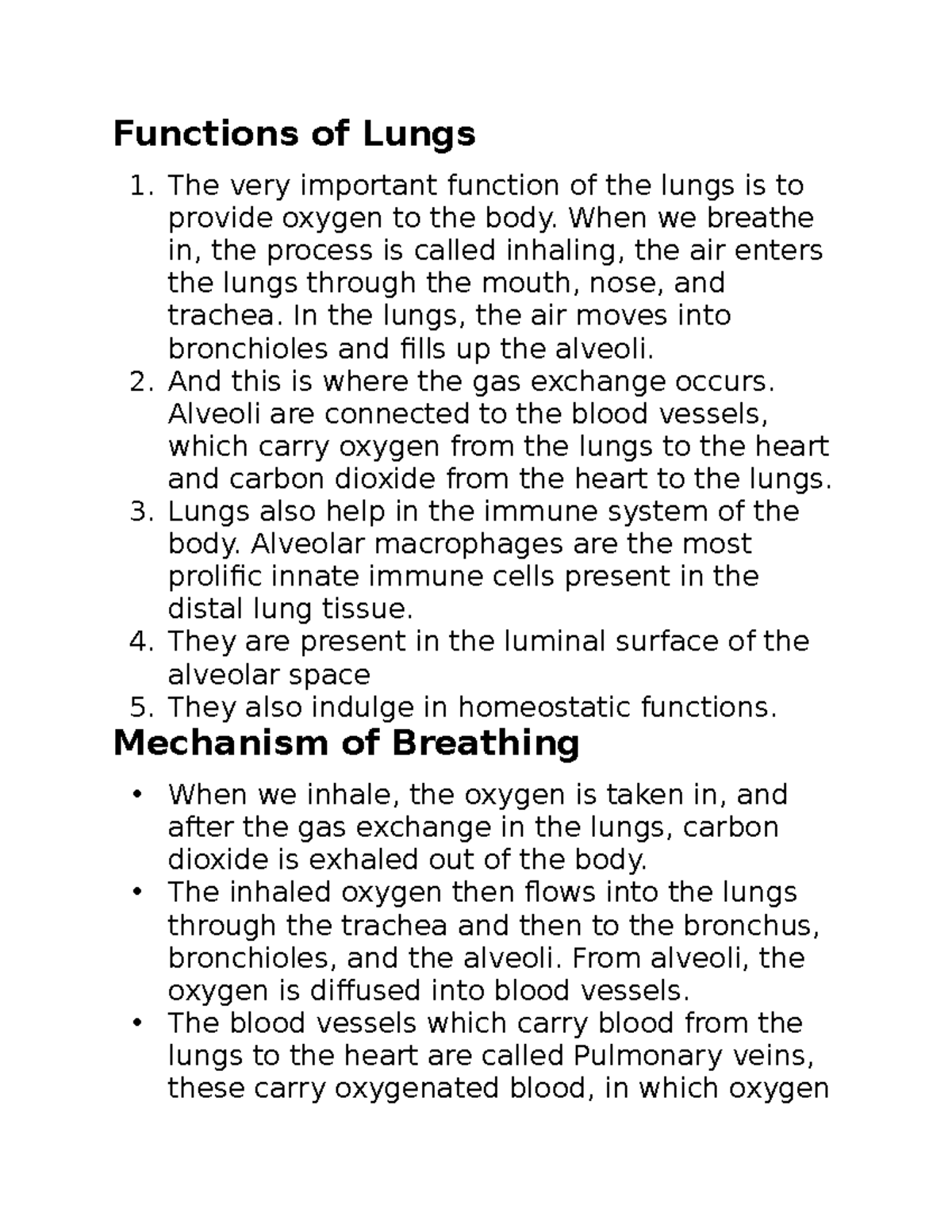 Bio 30 - notes - Functions of Lungs The very important function of the ...