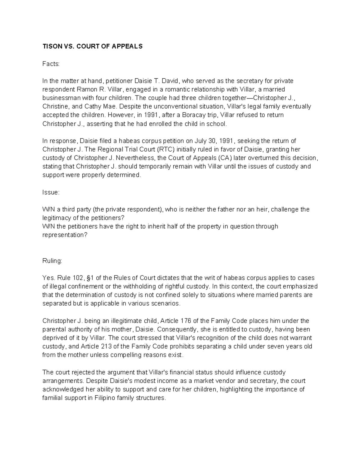 PF Cases 40,41, 42 - Summary Civil Law - TISON VS. COURT OF APPEALS ...