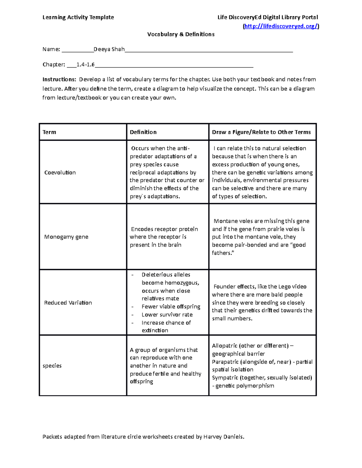 Vocabulary 1.4-1.6 - Learning Activity Template Life DiscoveryEd ...