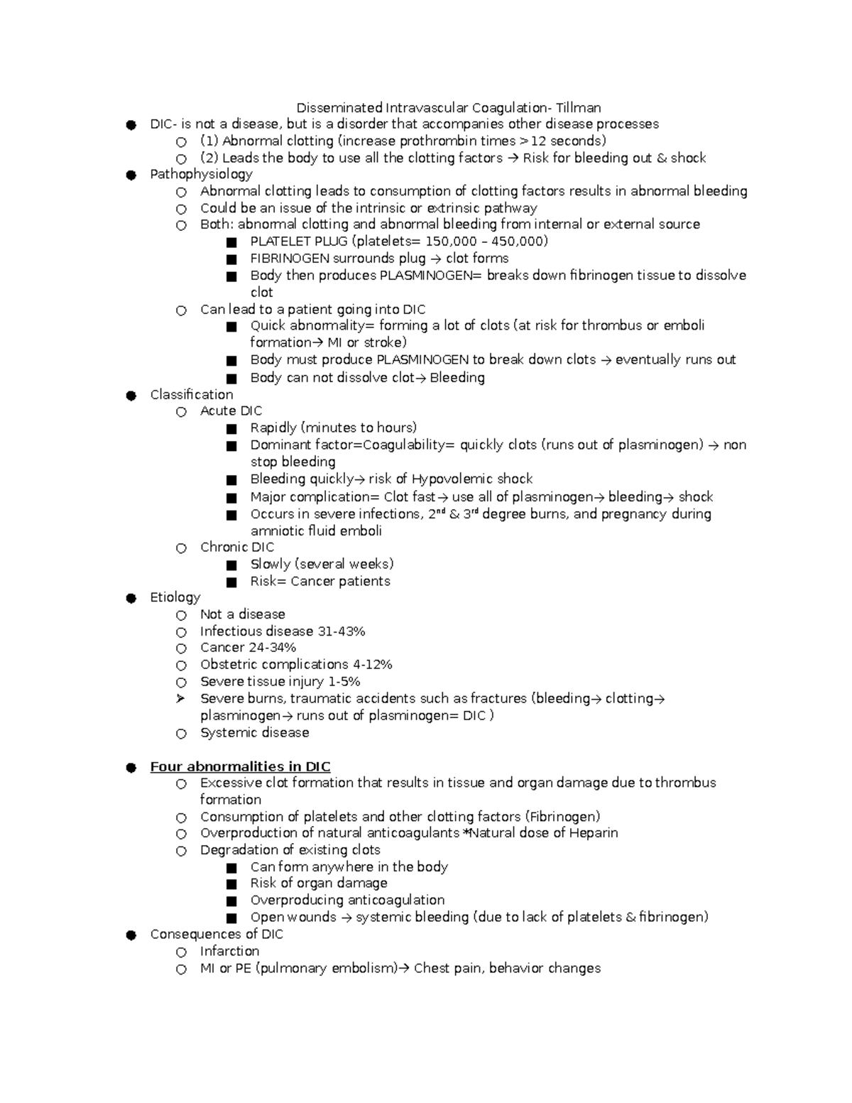 DIC- Tillman - Lecture notes 2 - Disseminated Intravascular Coagulation ...