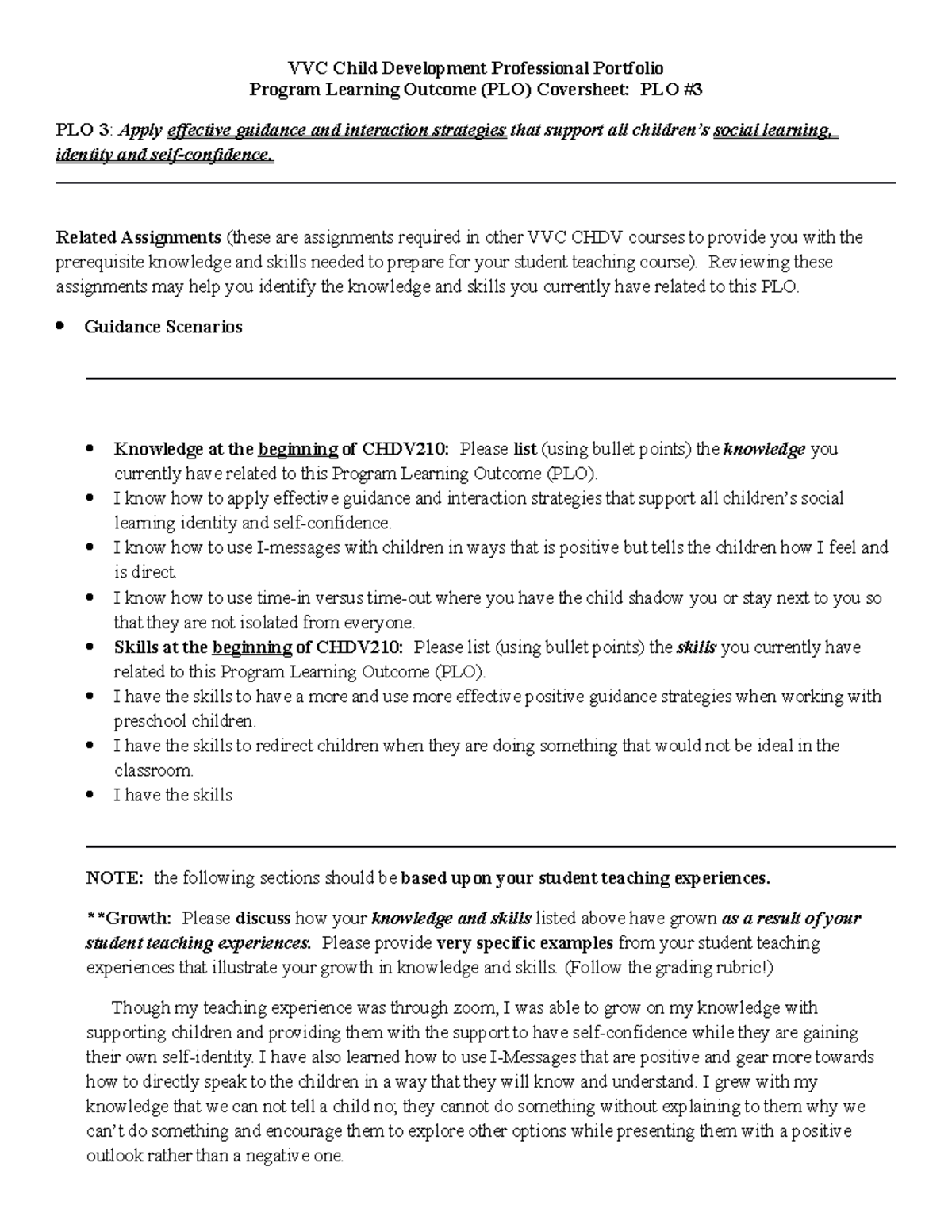 PLO 3 draft - Final Assignments - VVC Child Development Professional Portfolio Program Learning ...