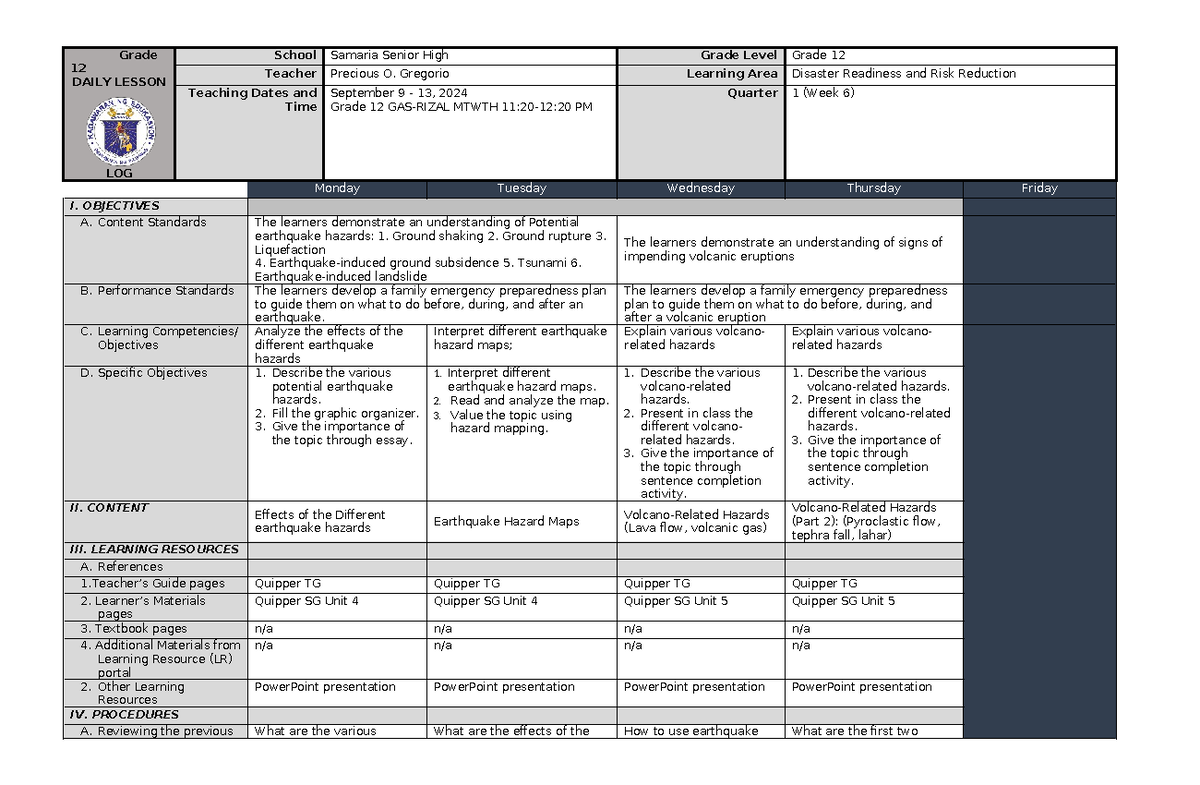 DRRR Q1 Week 6 -Sep9-13 - DLL - Grade 12 DAILY LESSON LOG School ...