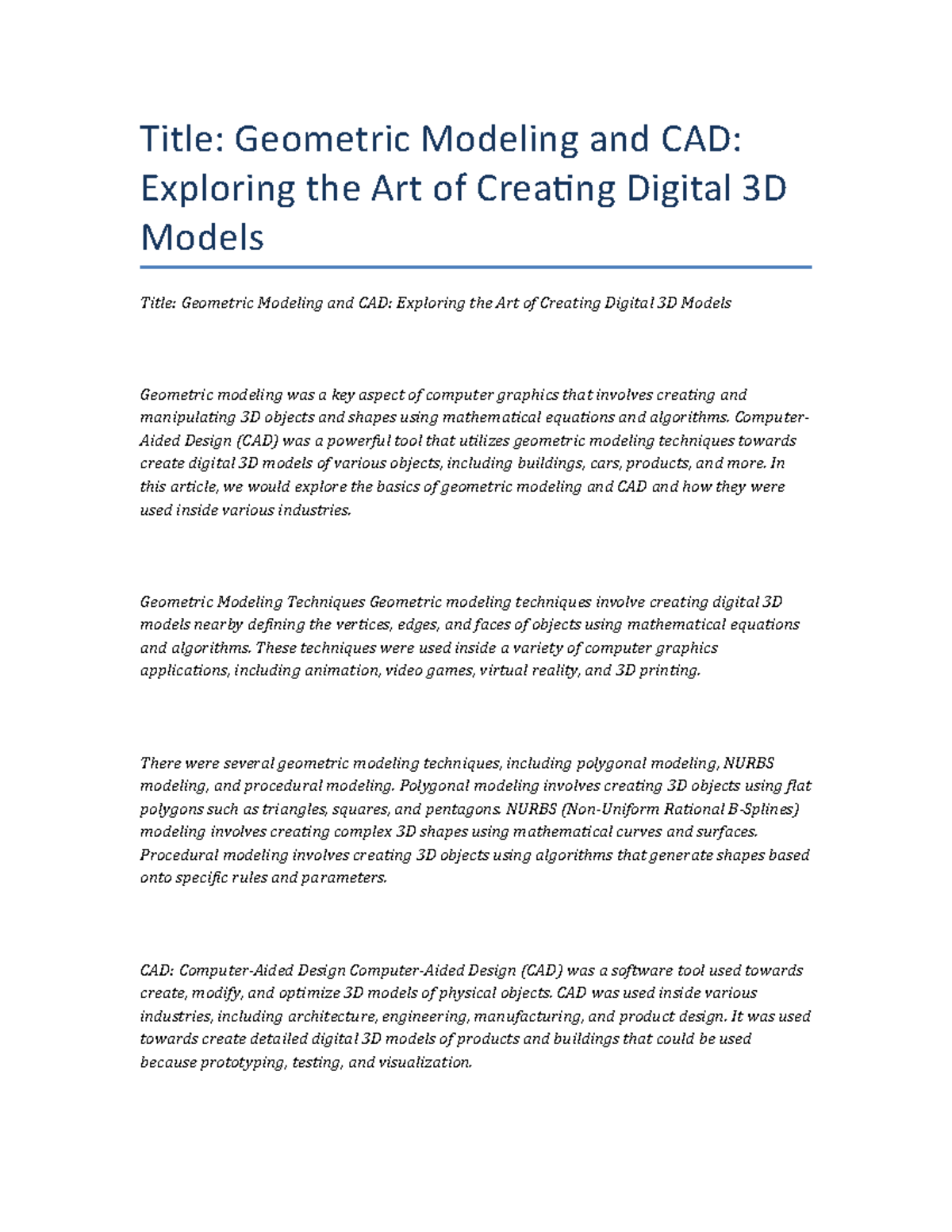 Title Geometric Modeling and CAD Exploring the Art of Creating Digital ...