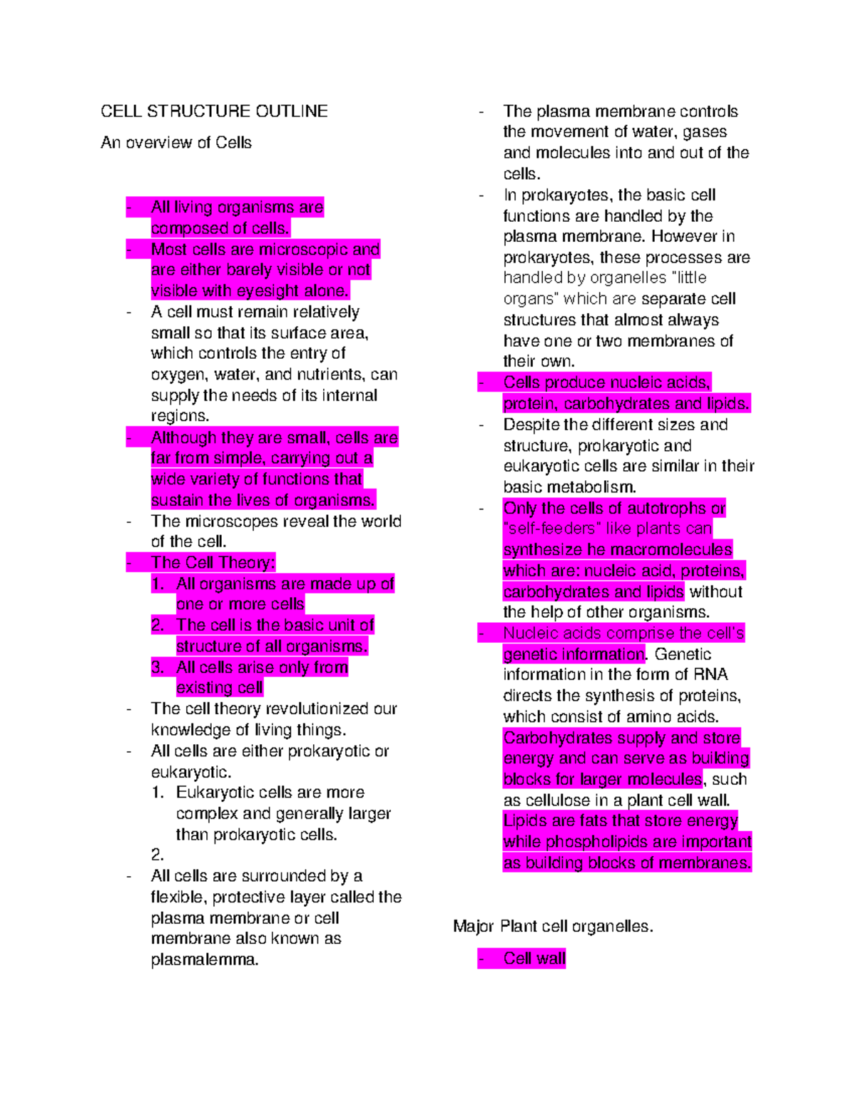 Cell Structure of Plants Outlined (Botany) - Pharmacy - University of ...
