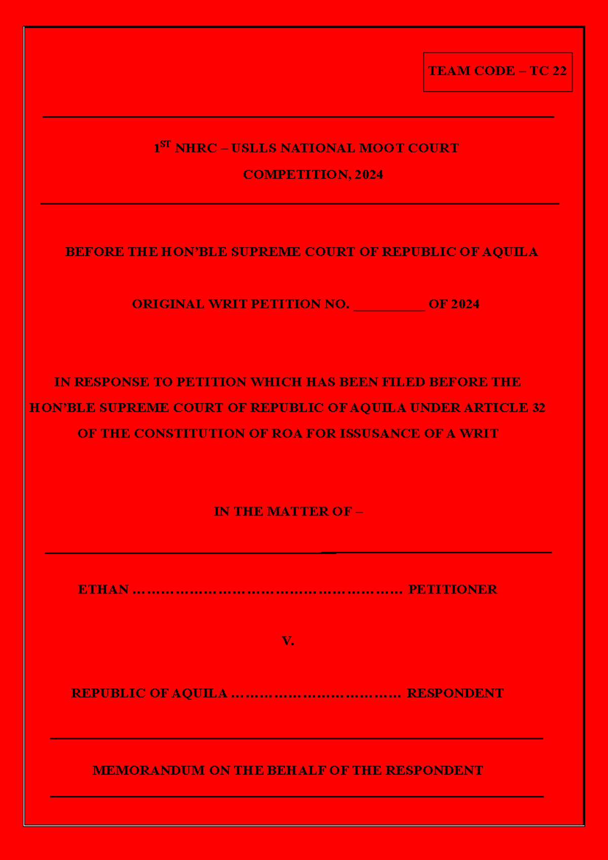 22 R - memorial - TEAM CODE – TC 22 1 ST NHRC – USLLS NATIONAL MOOT ...