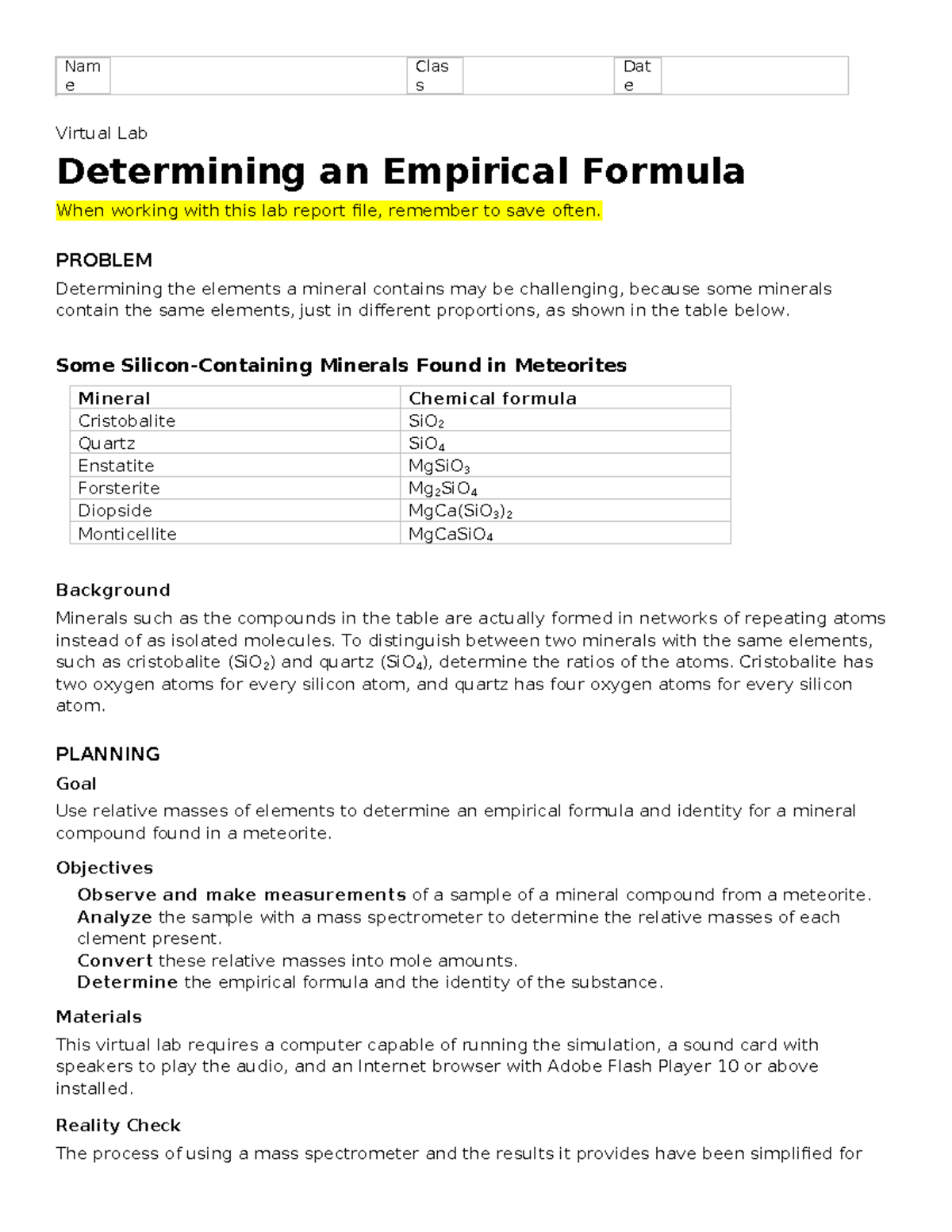 Empirical Formulas Report 10tztli - Nam e Clas s Dat e Virtual Lab ...