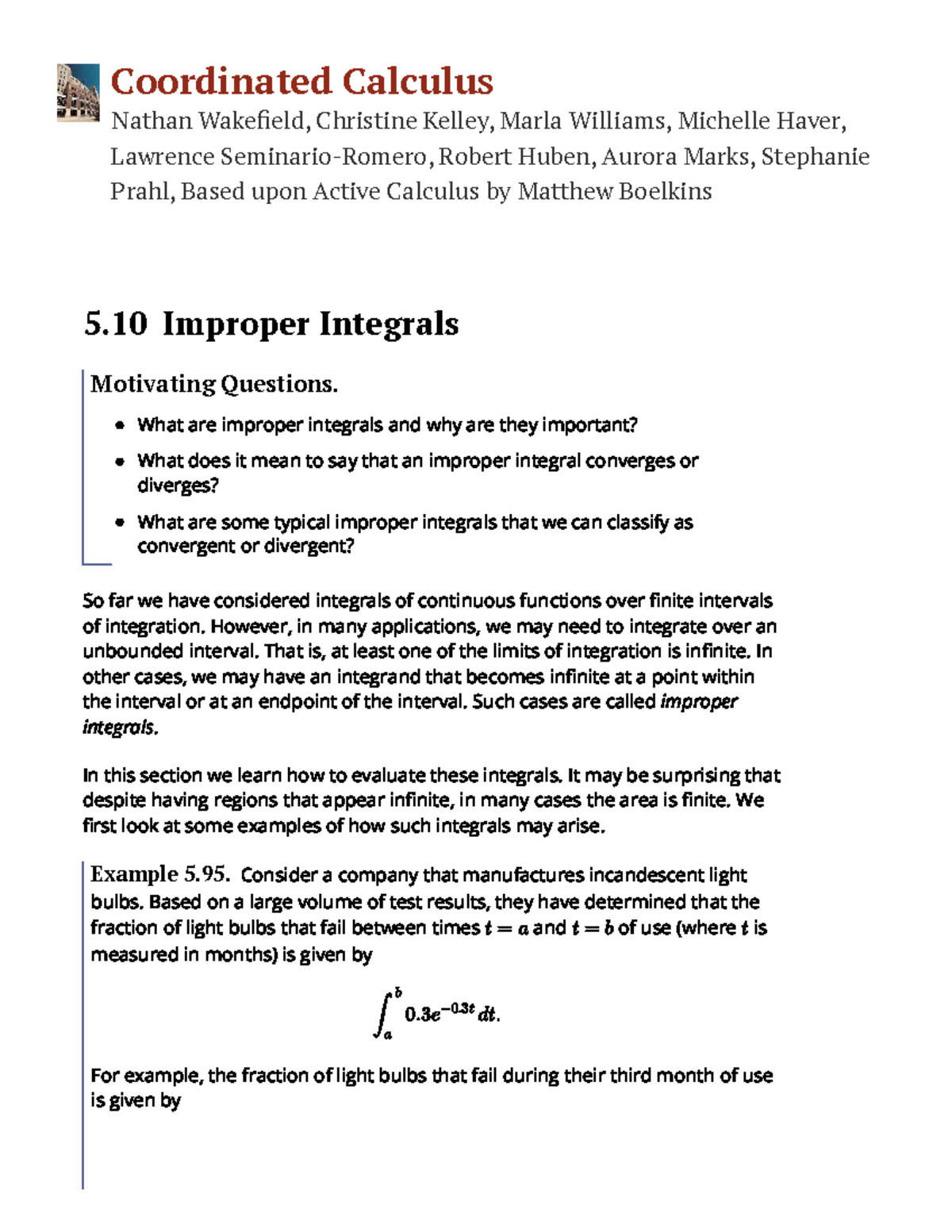 CC Improper Integrals - Coordinated Calculus Nathan Wakeeld, Christine ...