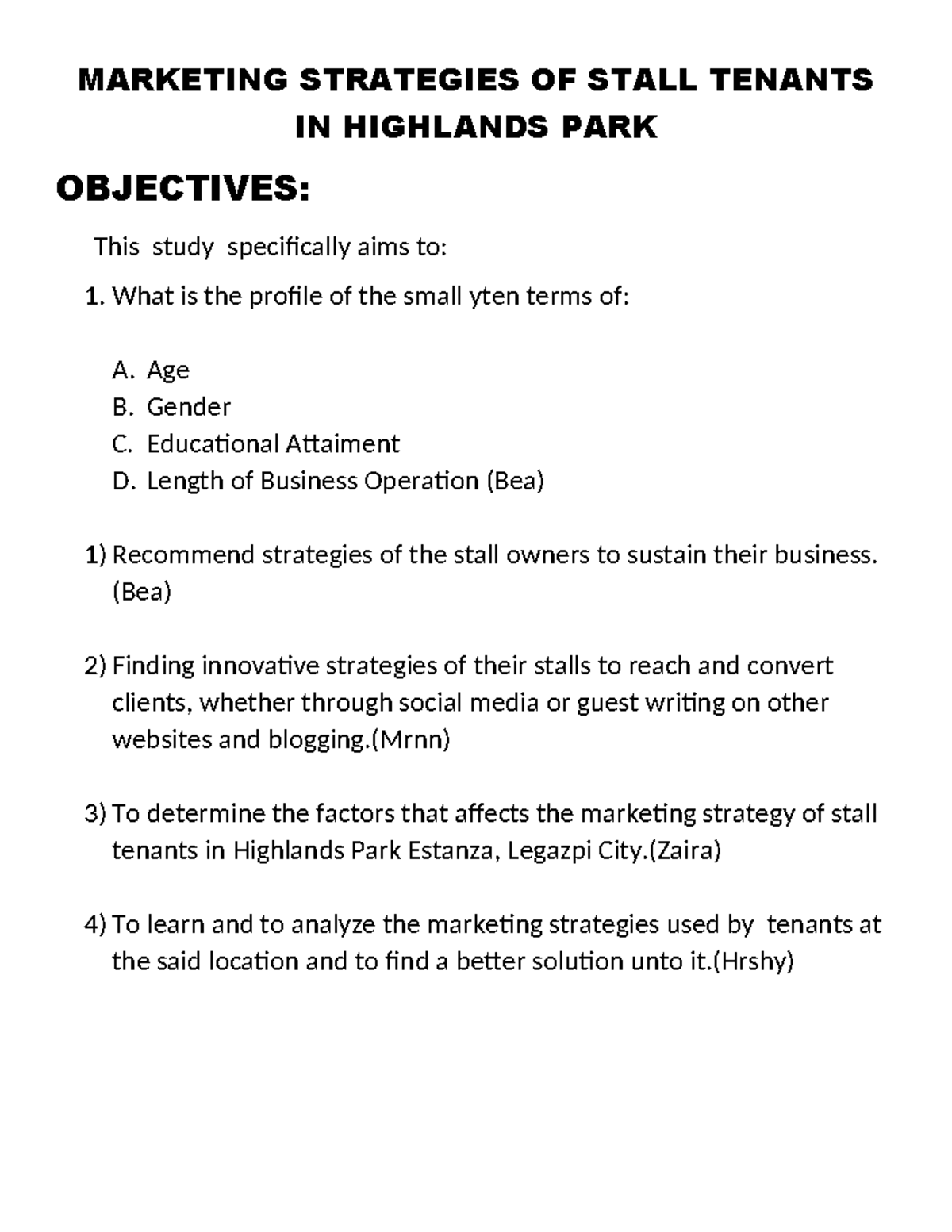 Marketing Strategies of Stall Tenants in Highlands Park Legazpi ...