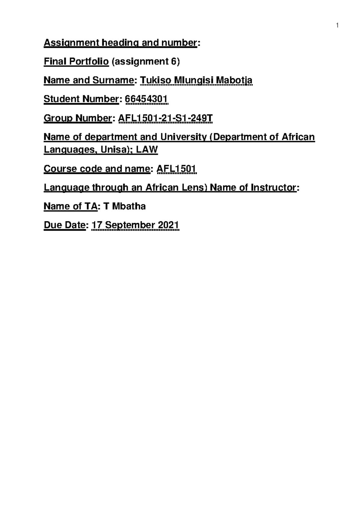 Final Portflio AFL1501 - Assignment heading and number: Final Portfolio (assignment 6) Name and ...