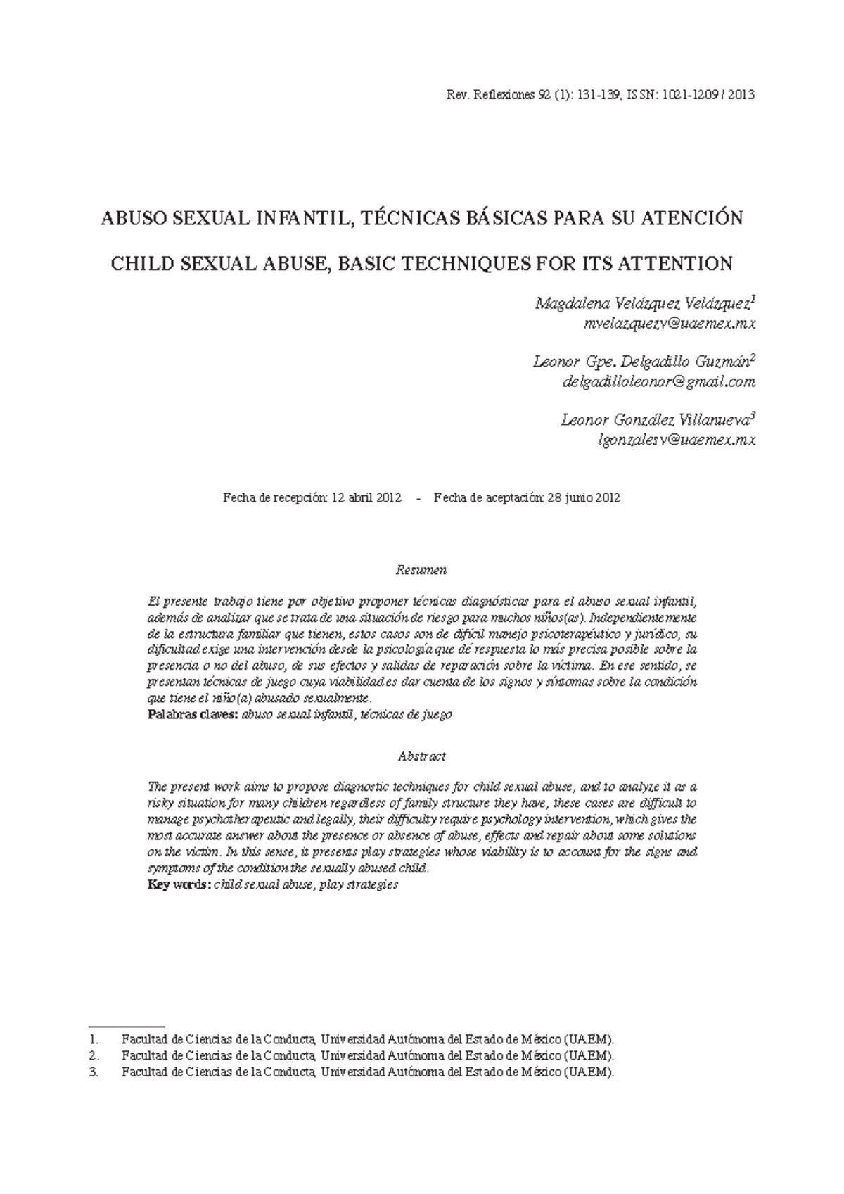 Abuso infantil (Art - ssdsdsd sdsadsad - Rev. Reflexiones 92 (1): 131-139, ISSN: 1021-1209 / ...