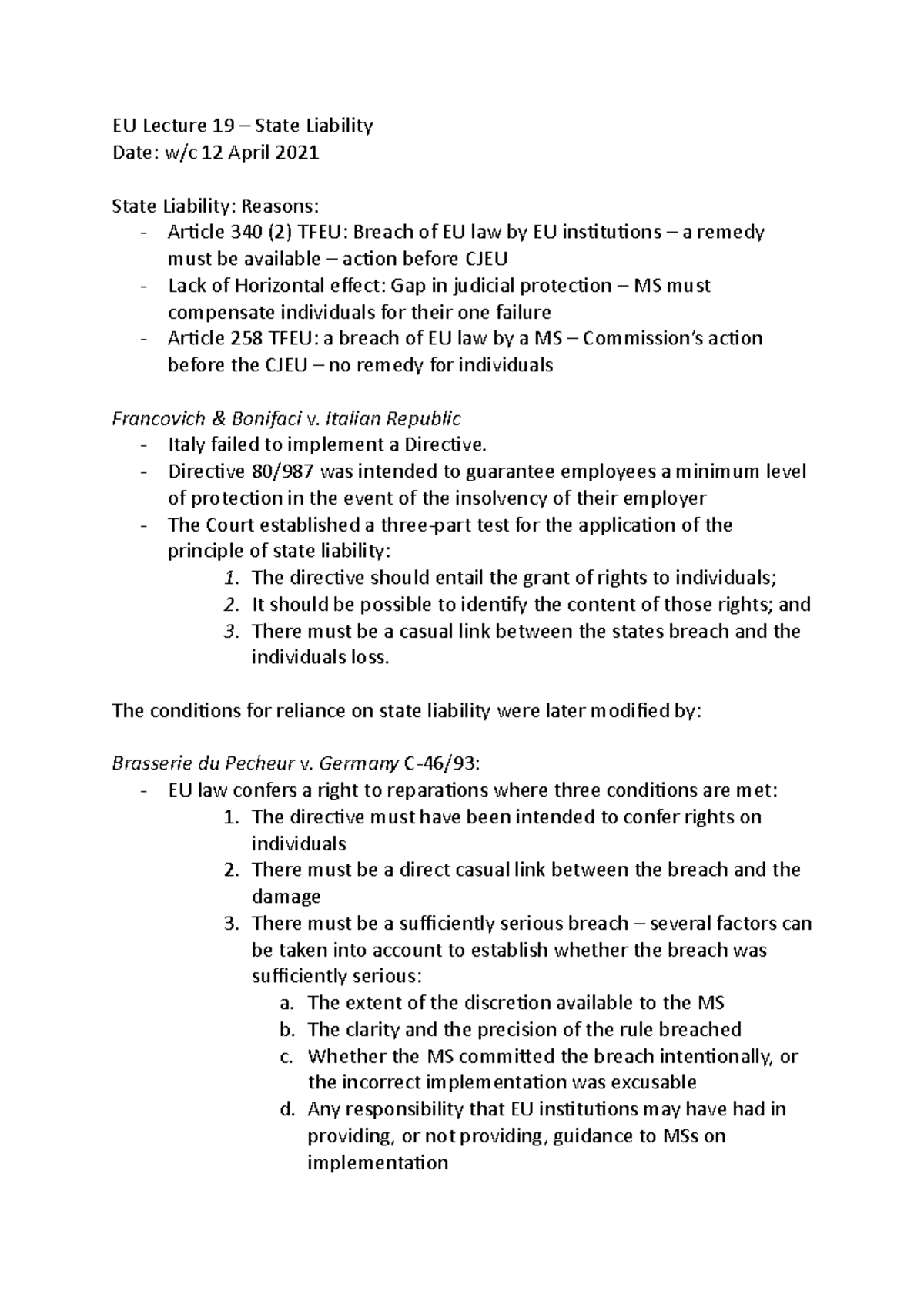 State Liability - EU Lecture 19 – State Liability Date: w/c 12 April ...