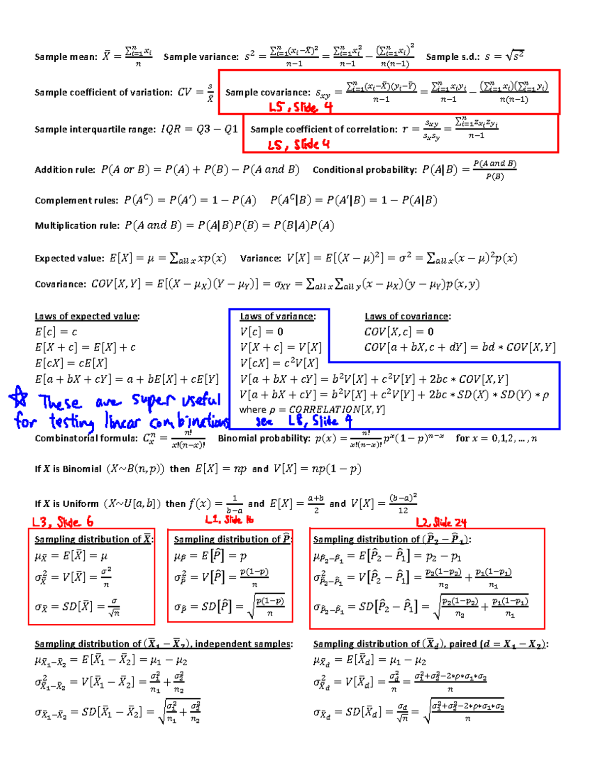 Aid Sheet Annotated Quin - Sample mean: ܺത = ∑ ೙ ೔సభ௫ ೔ ௡ Sample ...