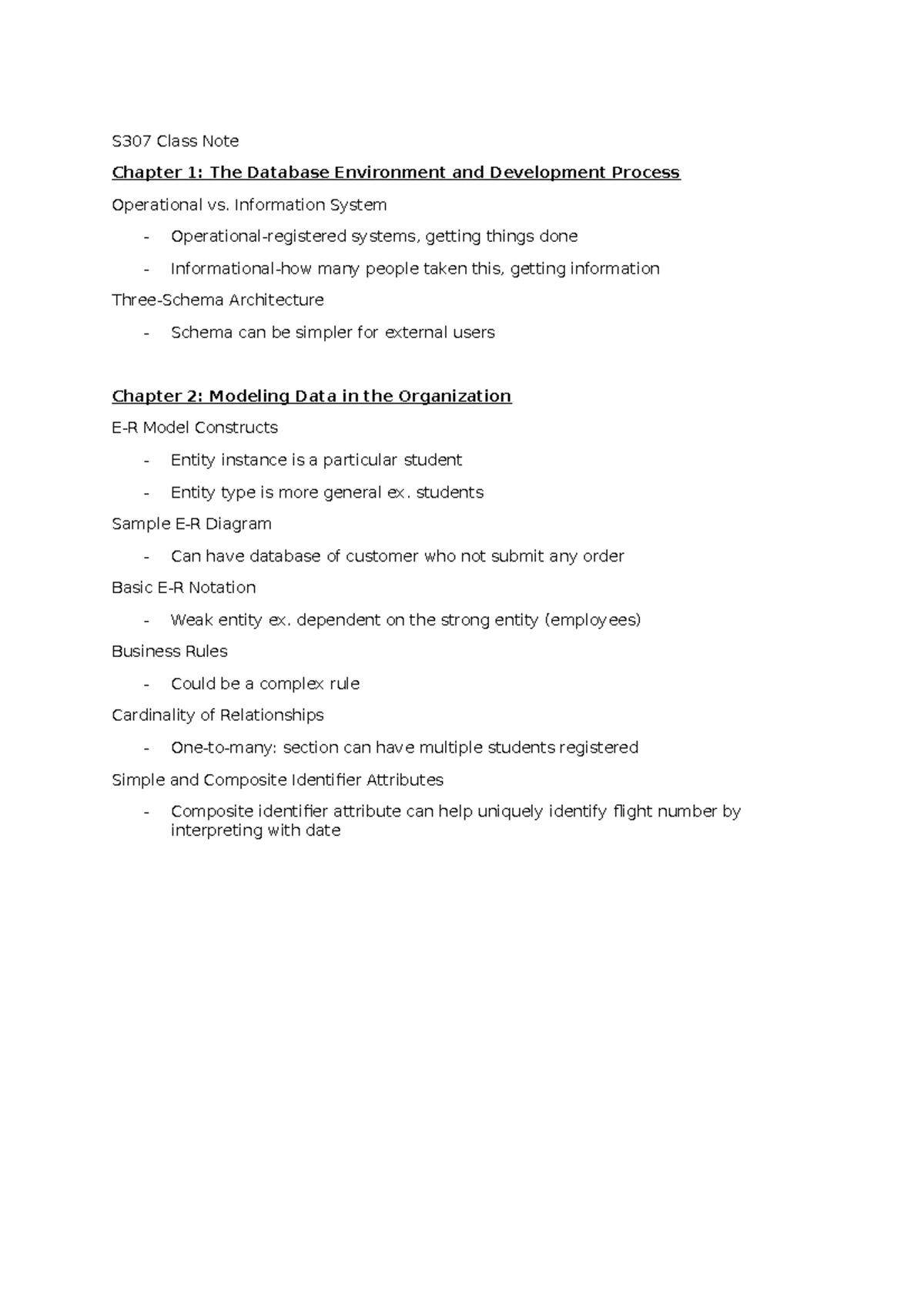S307 Class Note - S307 Class Note Chapter 1: The Database Environment and Development Process ...