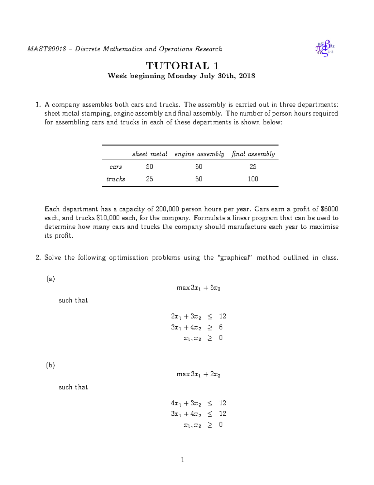 Tutorial-OR01-2018 - MAST20018 Discrete Mathematics and Operations ...