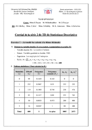 TD corrigé de statistique descriptive s1 - Studocu