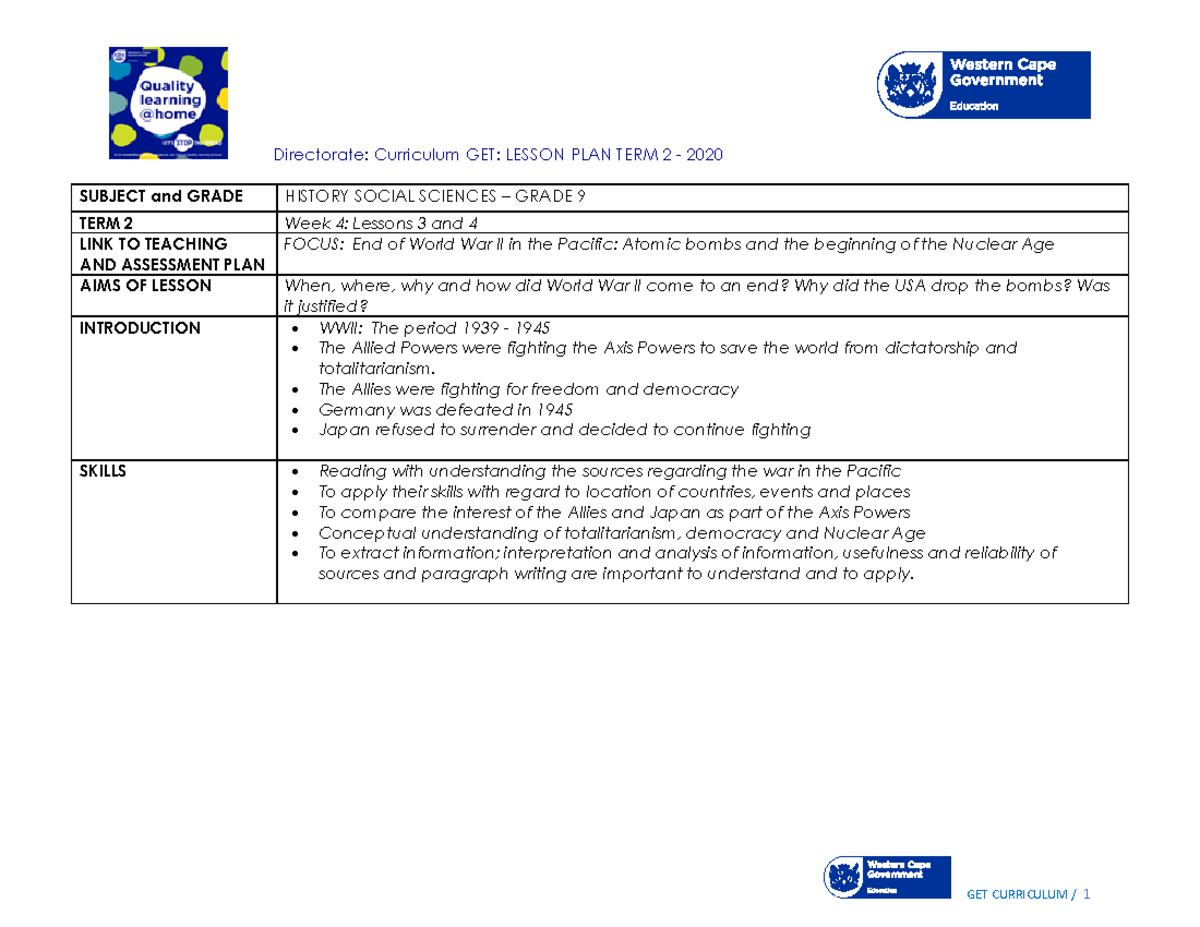 Lesson plan for Social Sciences grade 7,8 and 9 2023 national wide GET ...